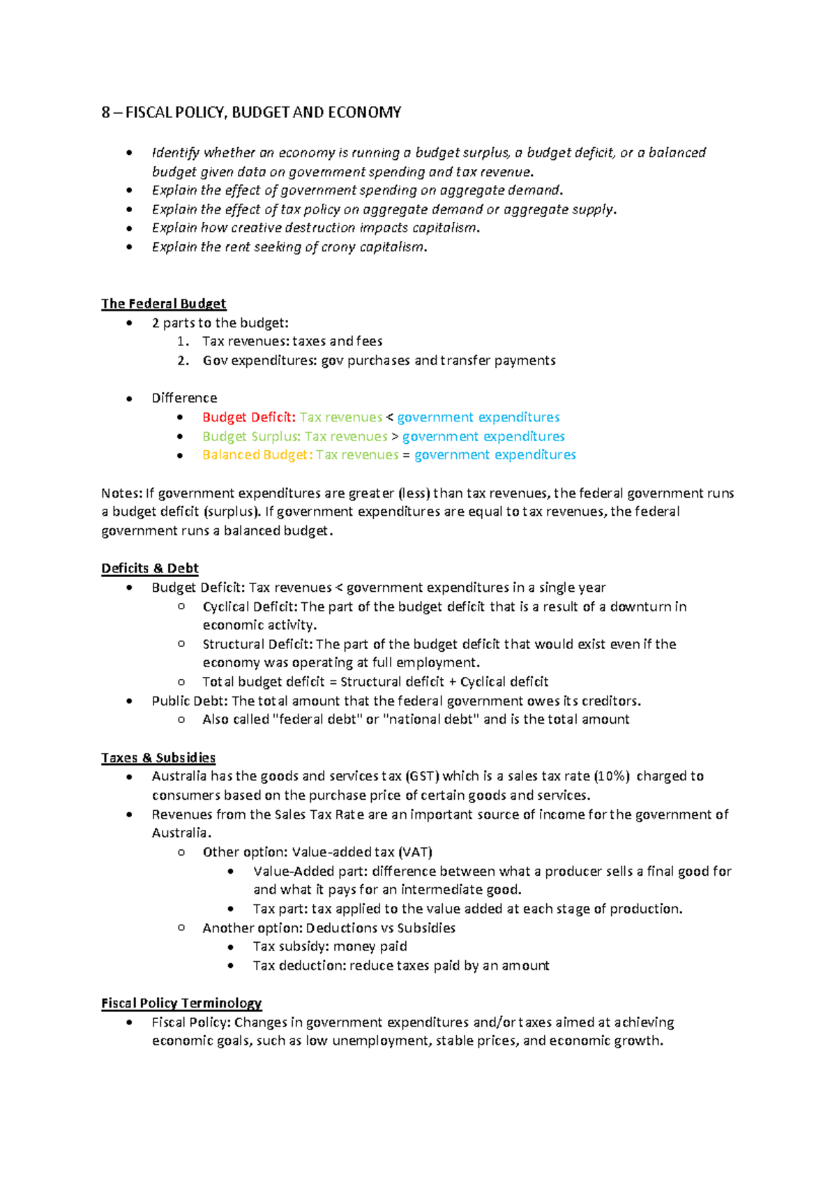 ECON 8 - lecture and tutorial notes - 8 – FISCAL POLICY, BUDGET AND ...