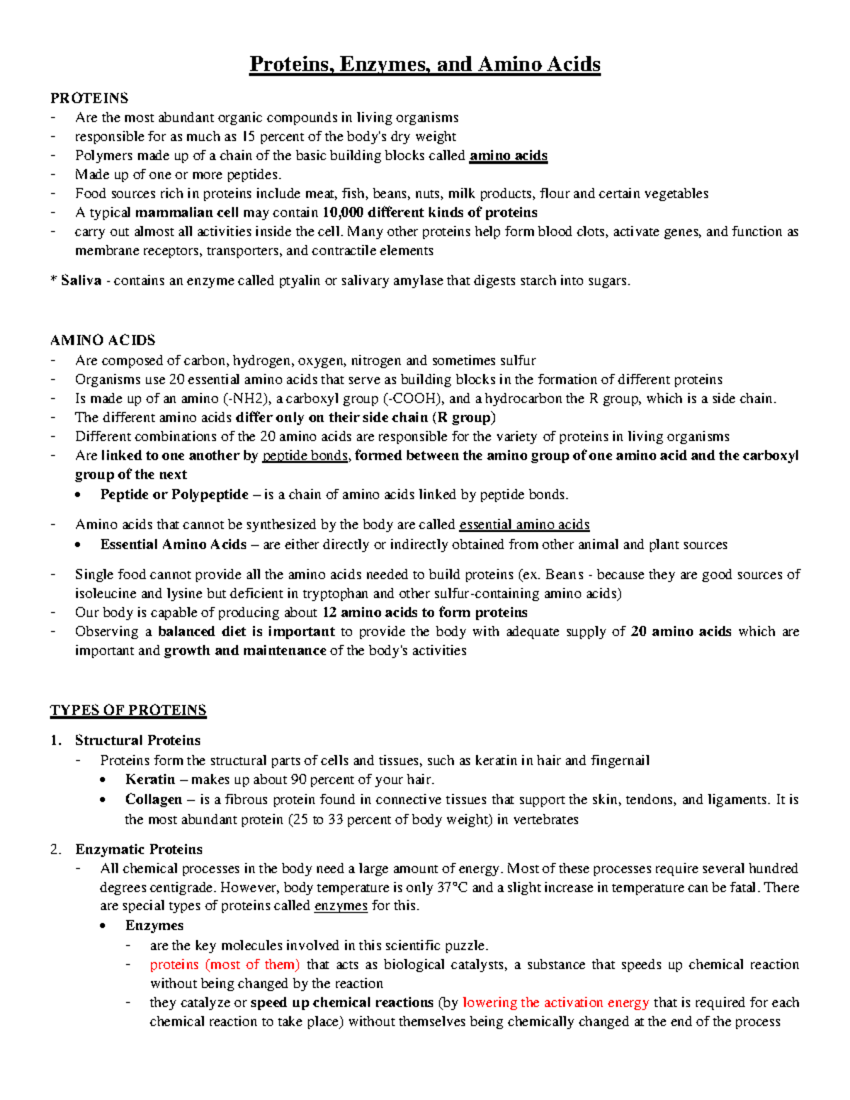 Protein, Enzymes, and Amino Acids - Concept Notes - Molecular Biology ...