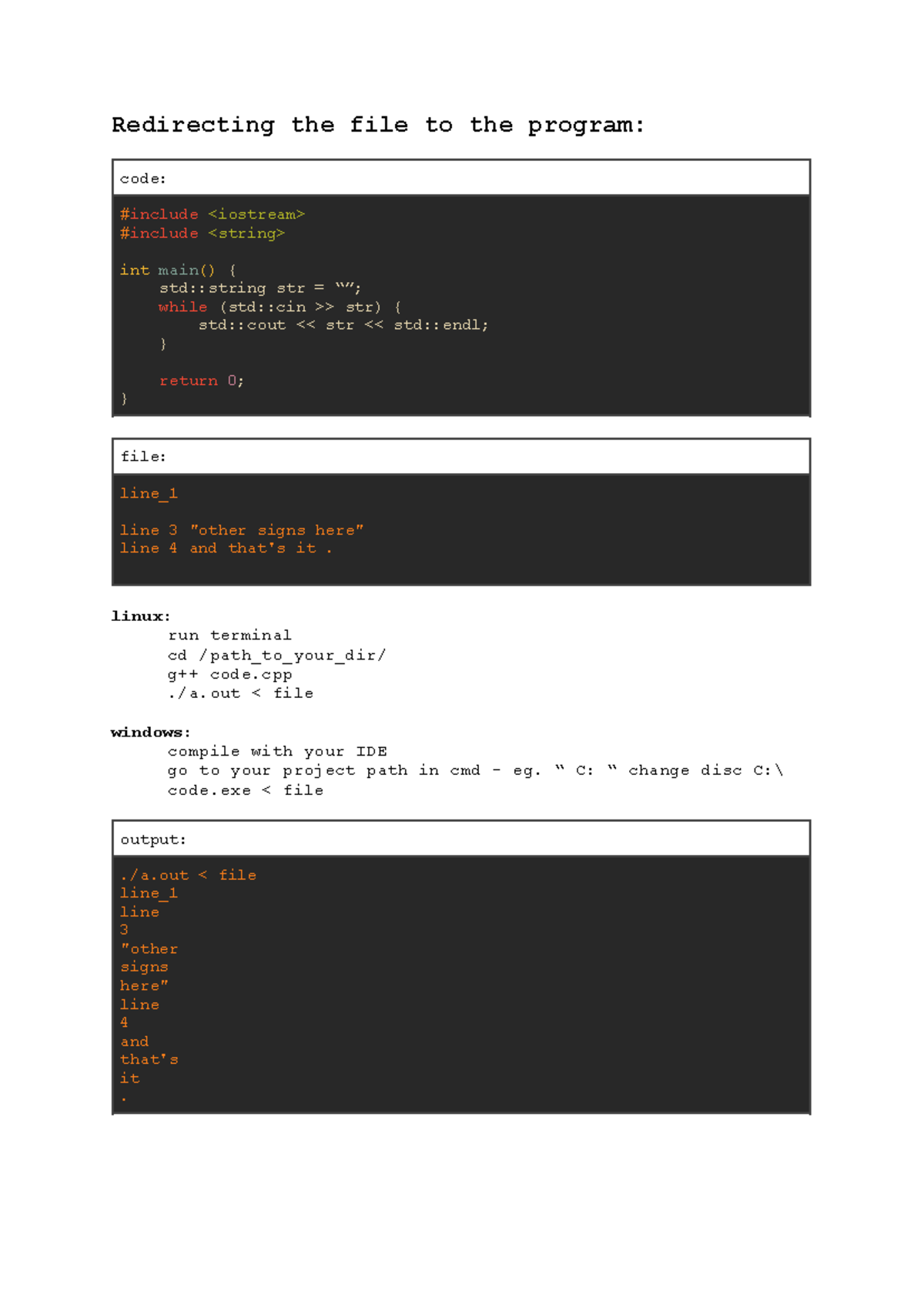 Cheat sheet - asd - Redirecting the file to the program: code: #include #include - Studocu