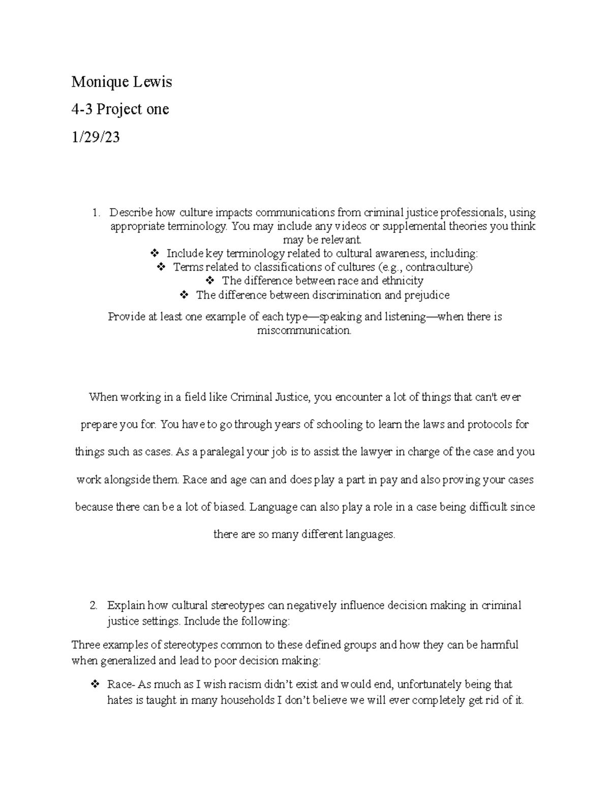 4-3 Project One - Monique Lewis 4-3 Project one 1/29/ Describe how ...