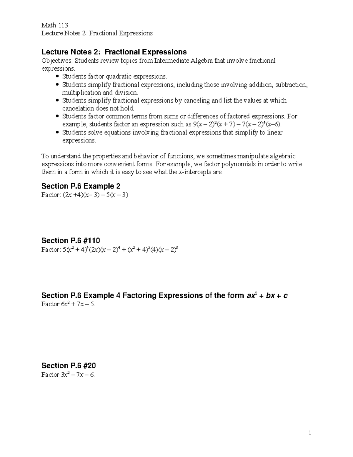 Lecture Notes 02 Student Fractional Expressions - Math 113 Lecture ...