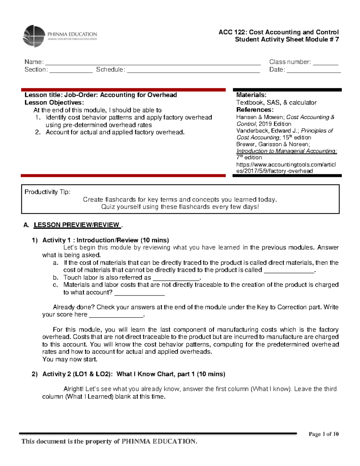 ACC 122 SAS DAY 7 - Lecture notes 7 - Student Activity Sheet Module # 7 ...