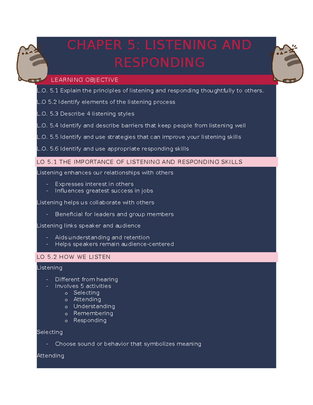 COMM CH5 Notes - CHAPER 5: LISTENING AND RESPONDING LEARNING OBJECTIVE ...