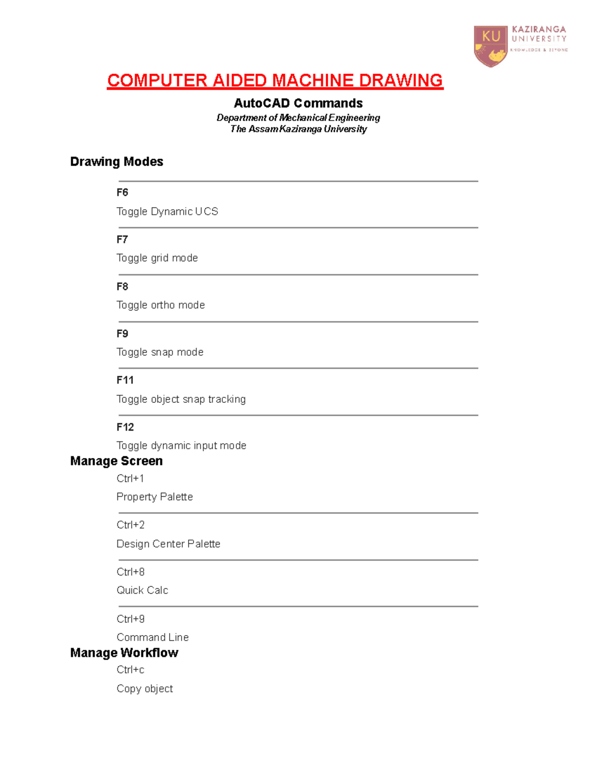 CAMD Commands - COMPUTER AIDED MACHINE DRAWING AutoCAD Commands Department of Mechanical ...
