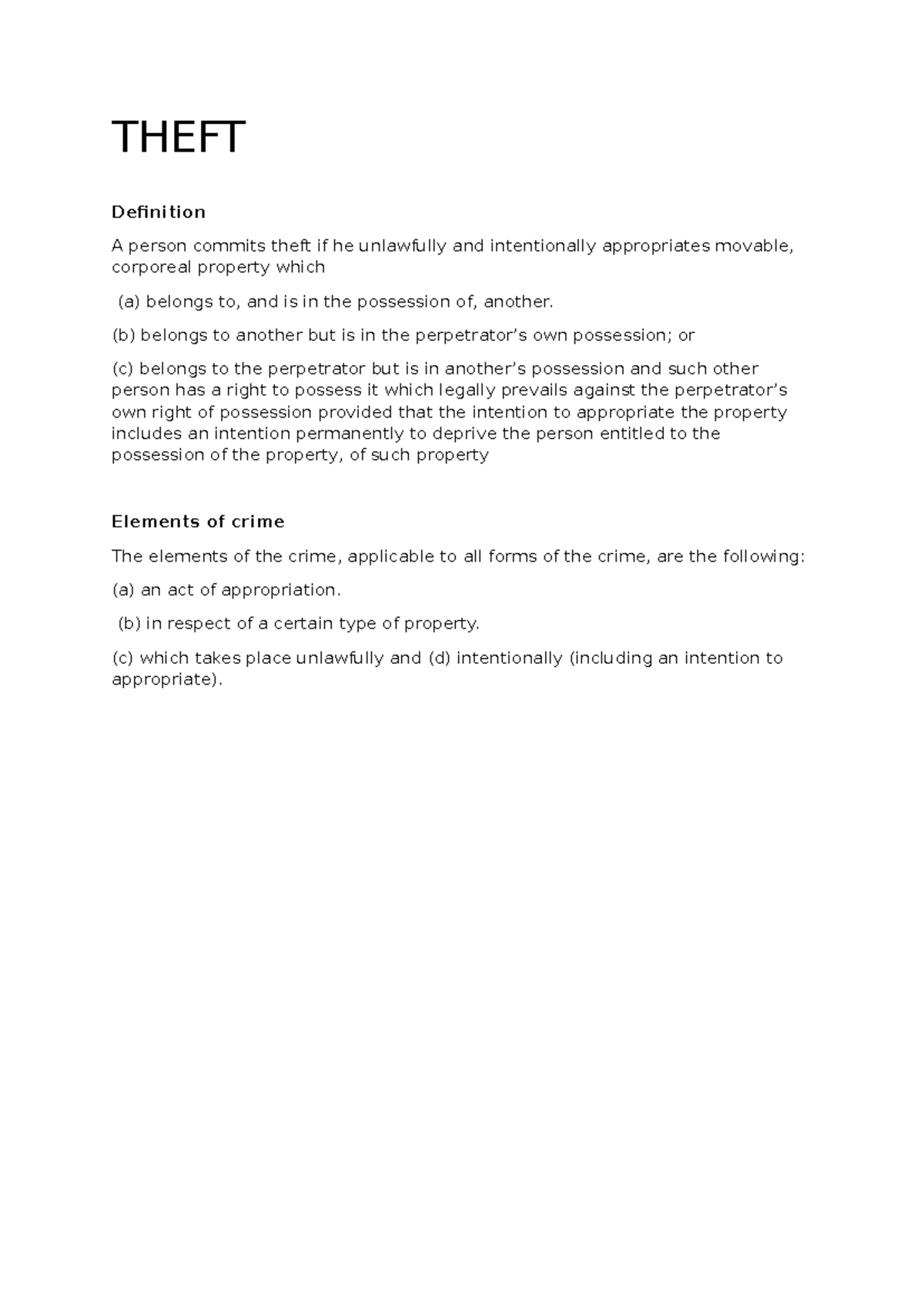 Theft notes - Synman's 7th edition textbook - THEFT Definition A person ...