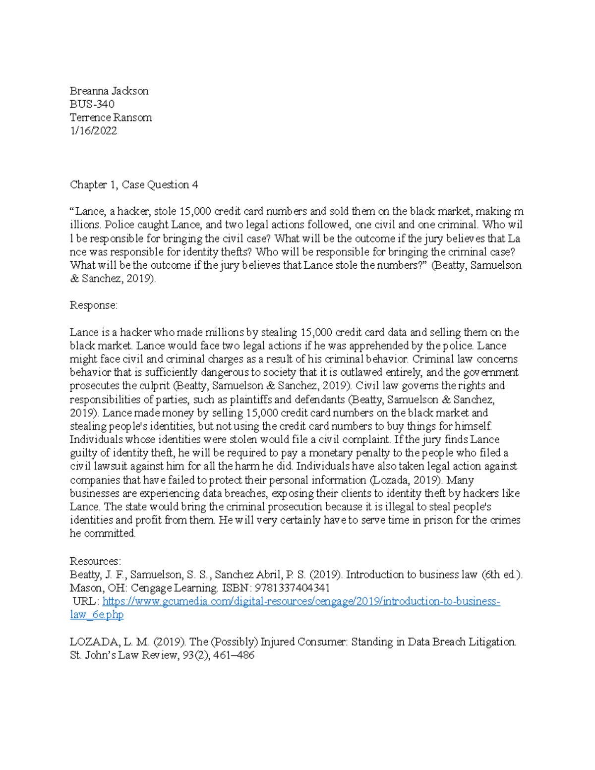 Law and the American Legal System Case Questions - Breanna Jackson BUS ...