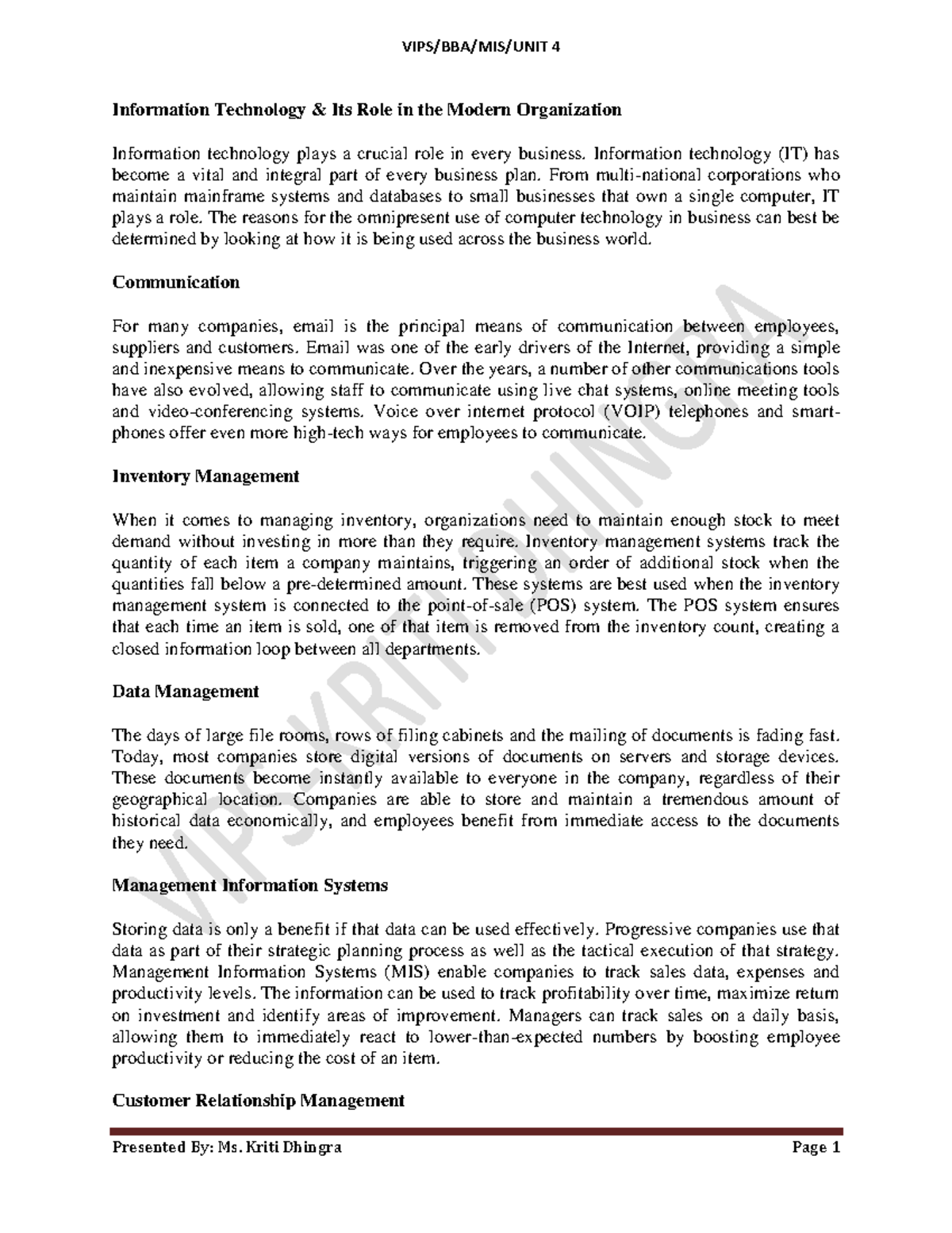 UNIT-4 - ms.sakshi - VIPS/BBA/MIS/UNIT 4 Information Technology & Its ...