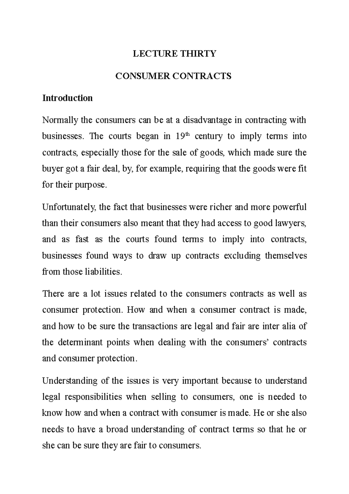 The Consumer Contracts within the Contract Law - LECTURE THIRTY ...