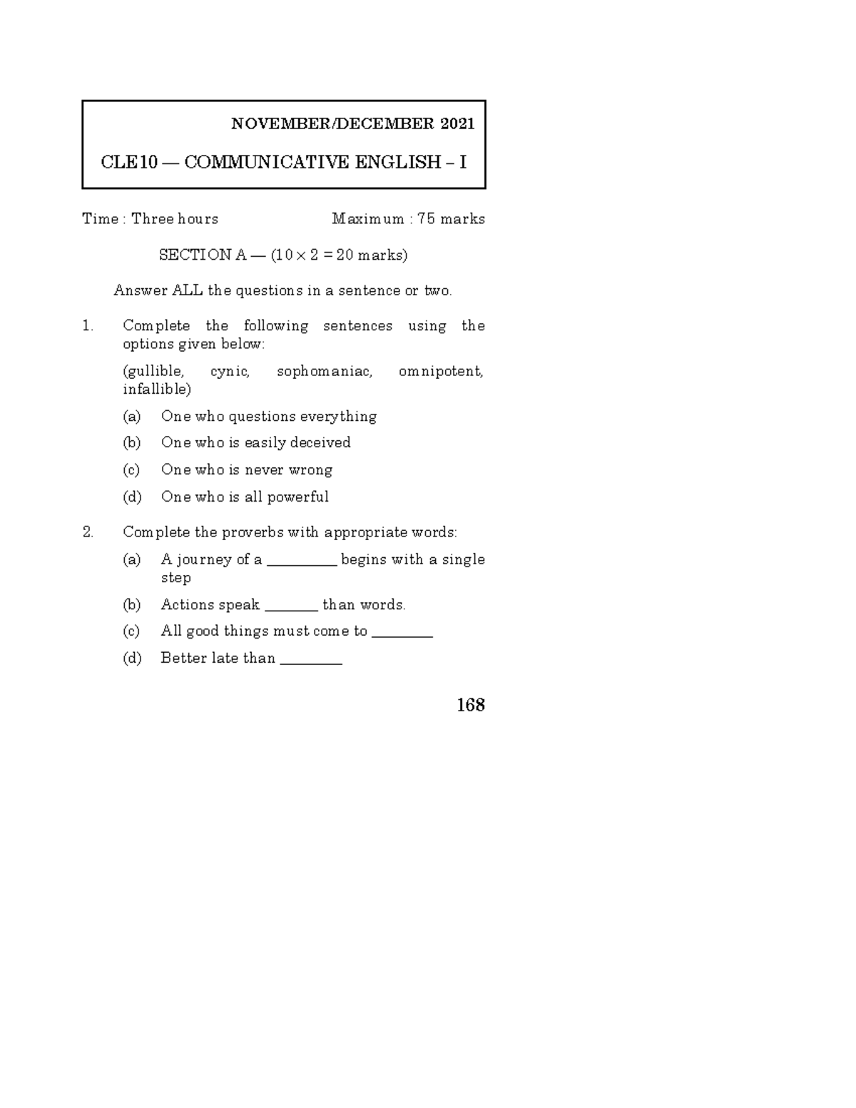 168 - Communicative English 1 question paper - Time : Three hours ...