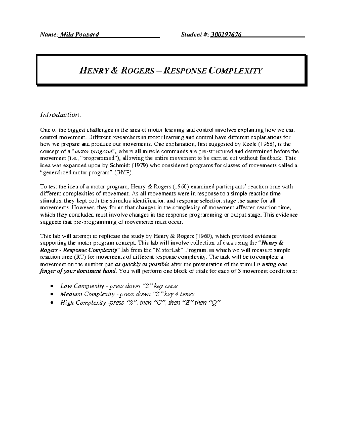 Complexity - Lab Activity - Name: Mila Poupard Student #: 300297676 HENRY & ROGERS – RESPONSE ...