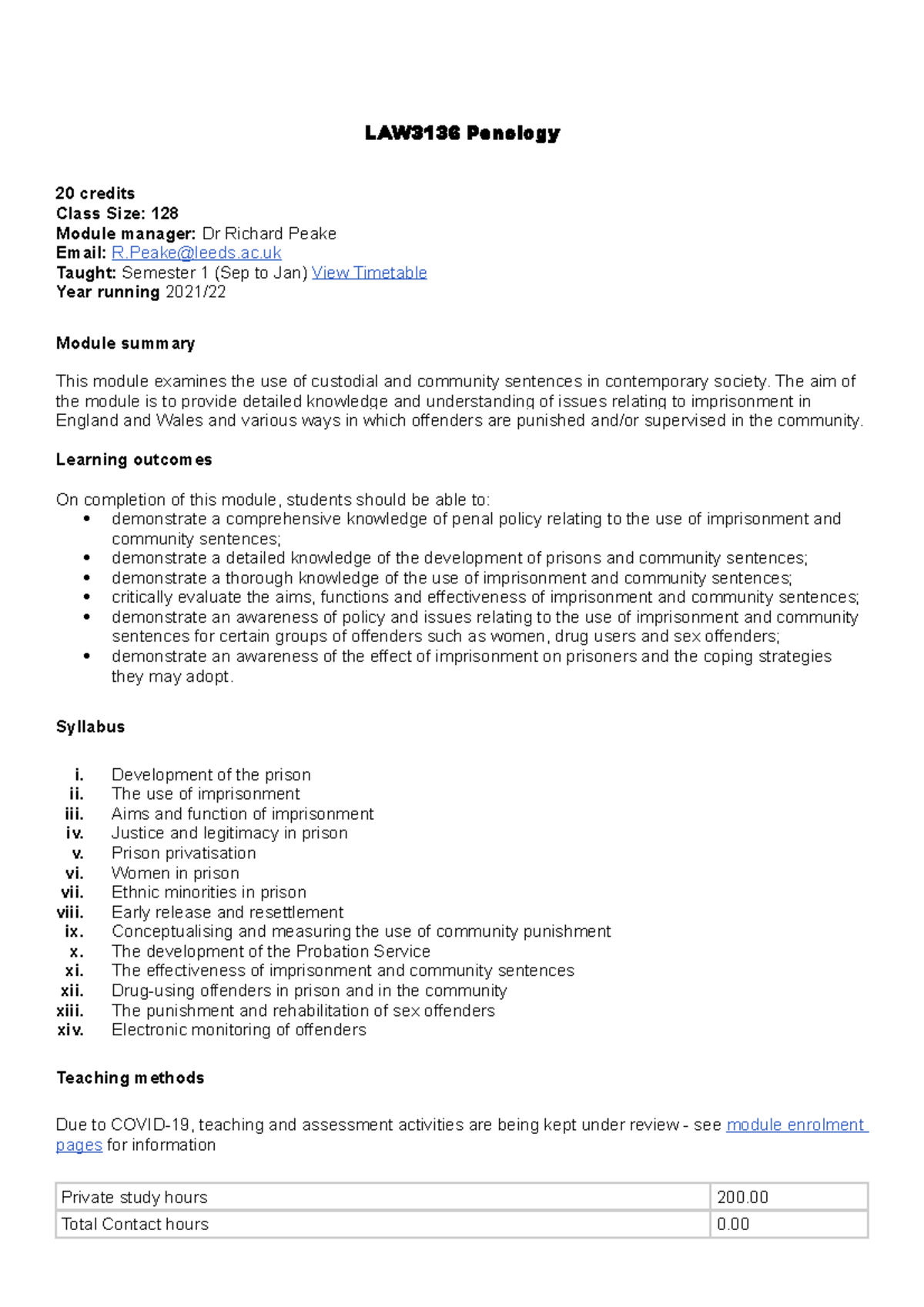 LAW3136 Penology - module syllabus - LAW3136 Penology 20 credits Class ...