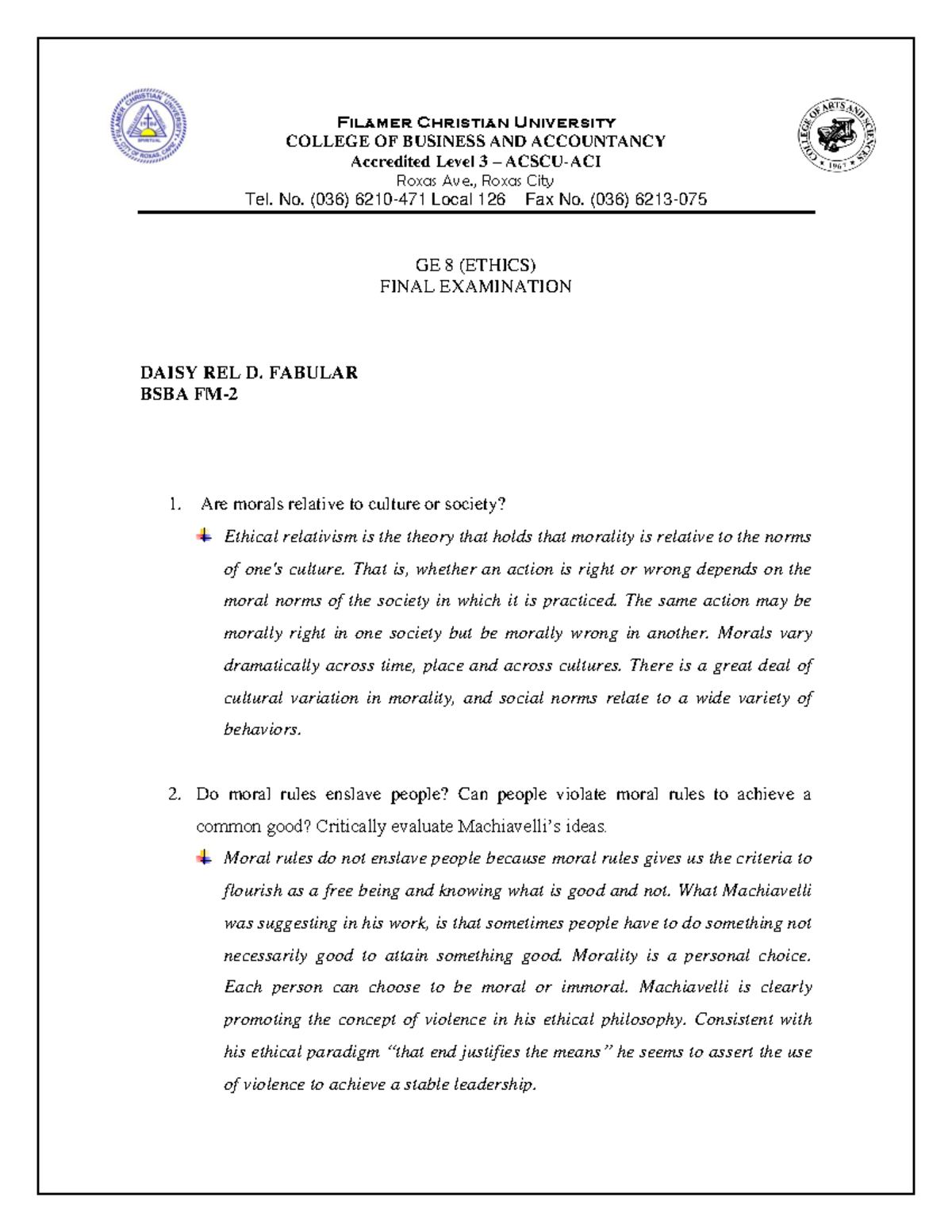 GE 8 Final EXAM (Fabular, D - Filamer Christian University COLLEGE OF ...