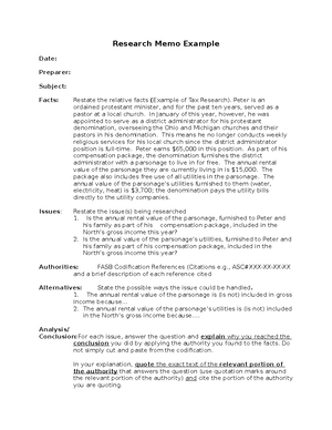 301-Research Memo Example 2 - Memorandum Date: From: Subject: Facts: 5 ...