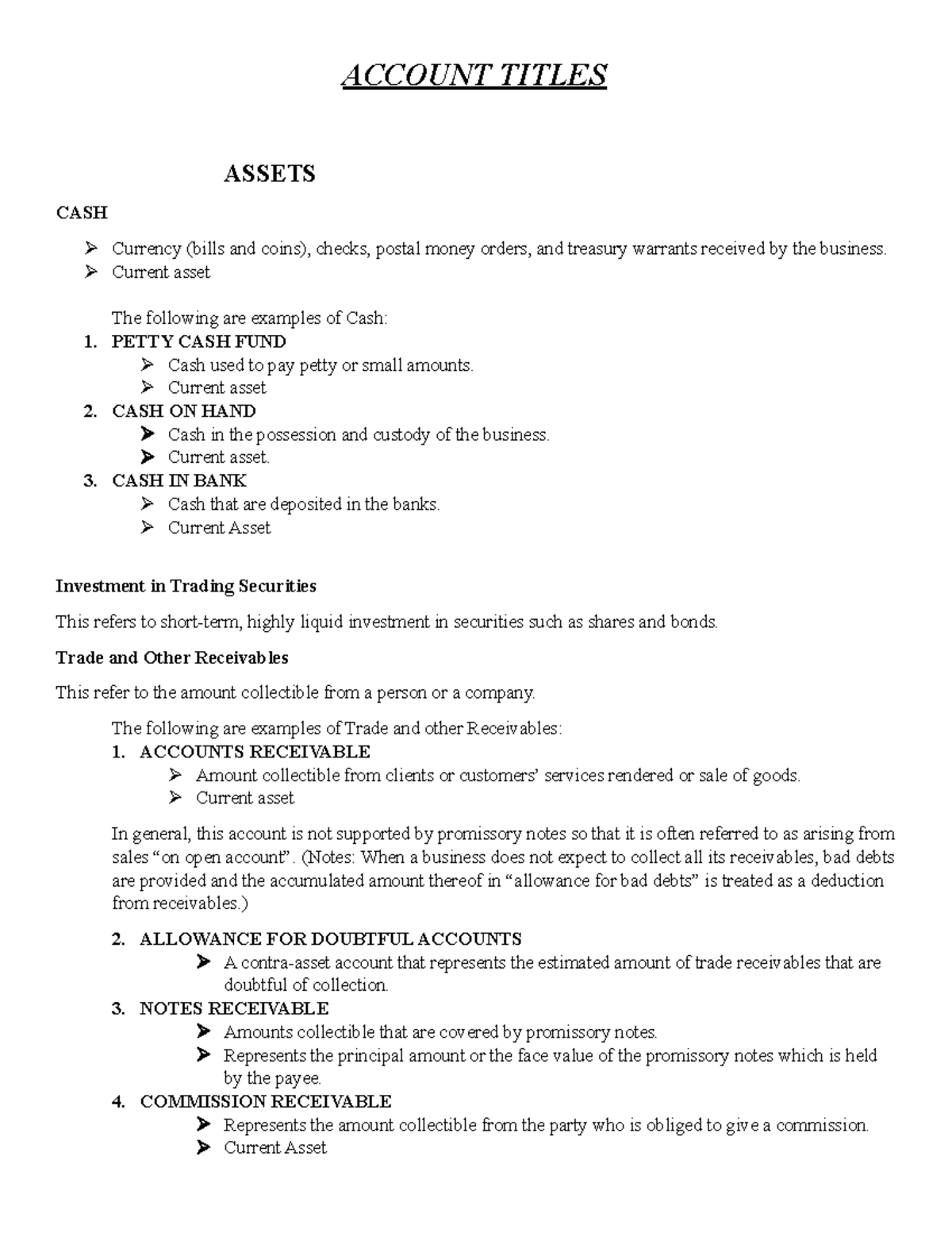 Account- Titles - Guidlines - ACCOUNT TITLES ASSETS CASH Currency ...