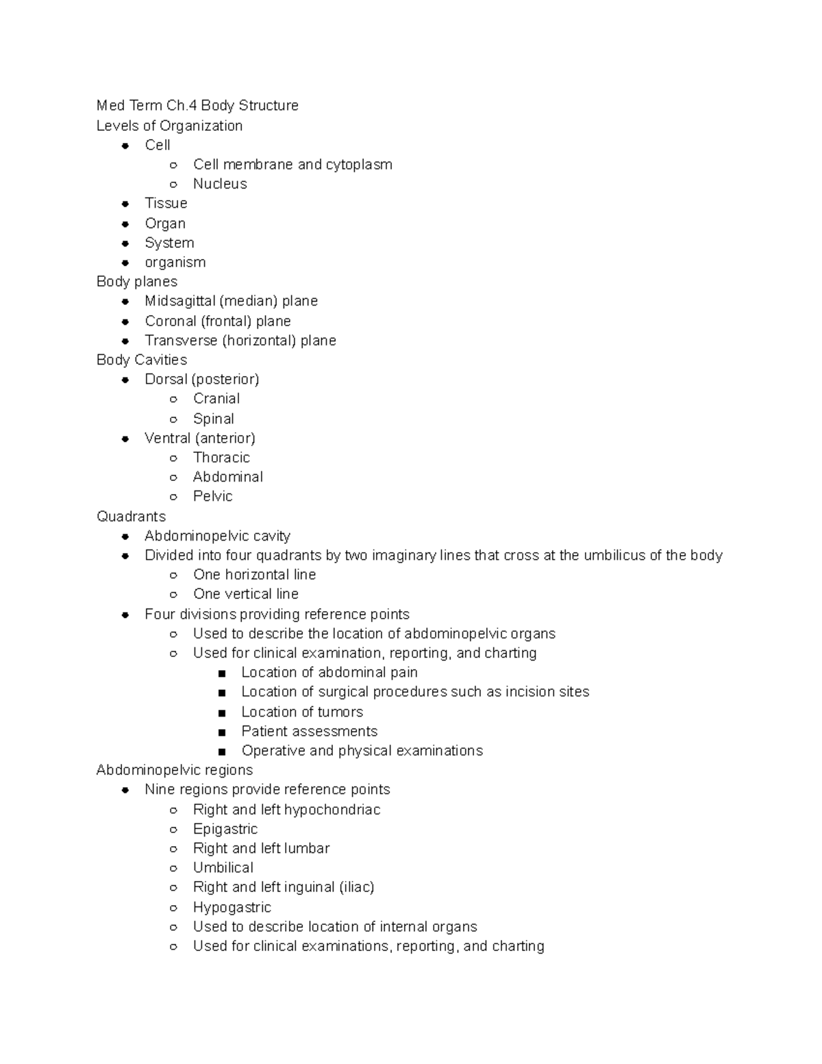 Med Term Ch - body structures - Med Term Ch Body Structure Levels of ...