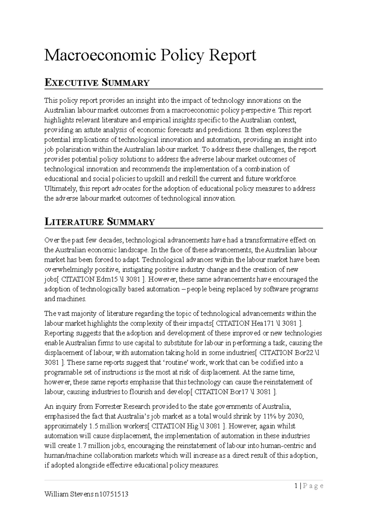 EFB349 Policy - Macroeconomic Policy Report EXECUTIVE SUMMARY This ...