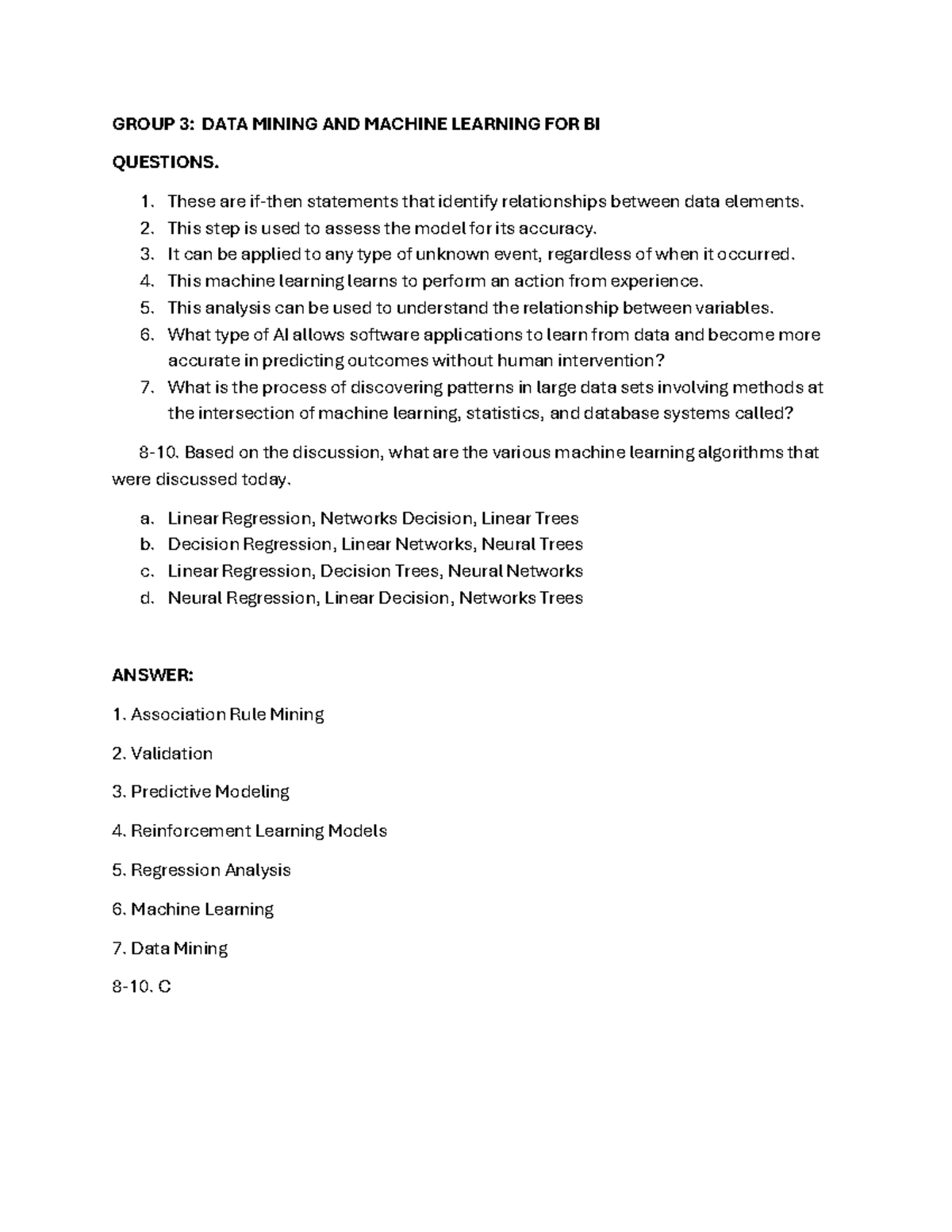 Group-3 Questionnaire-1 - GROUP 3: DATA MINING AND MACHINE LEARNING FOR ...