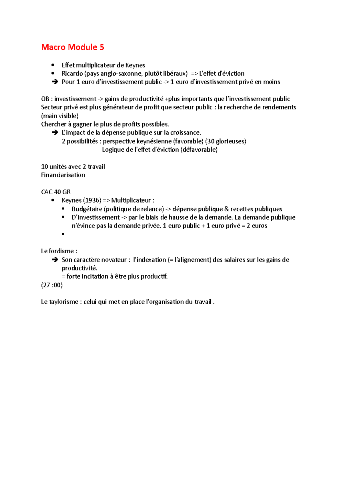 Macro Module 5 - S2 L1 DEGEAD - Macro Module 5 Effet multiplicateur de Keynes Ricardo (pays ...