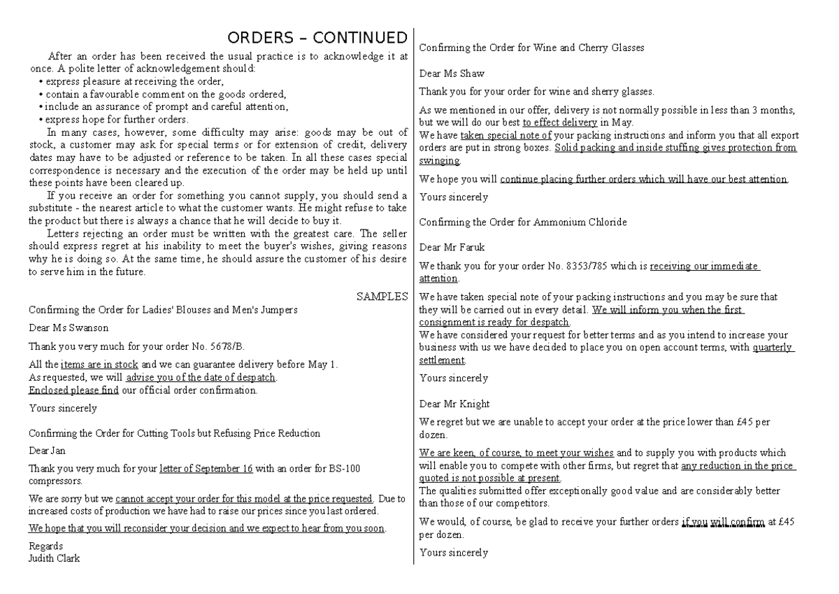 Orders- Continued - ORDERS – CONTINUED After an order has been received ...