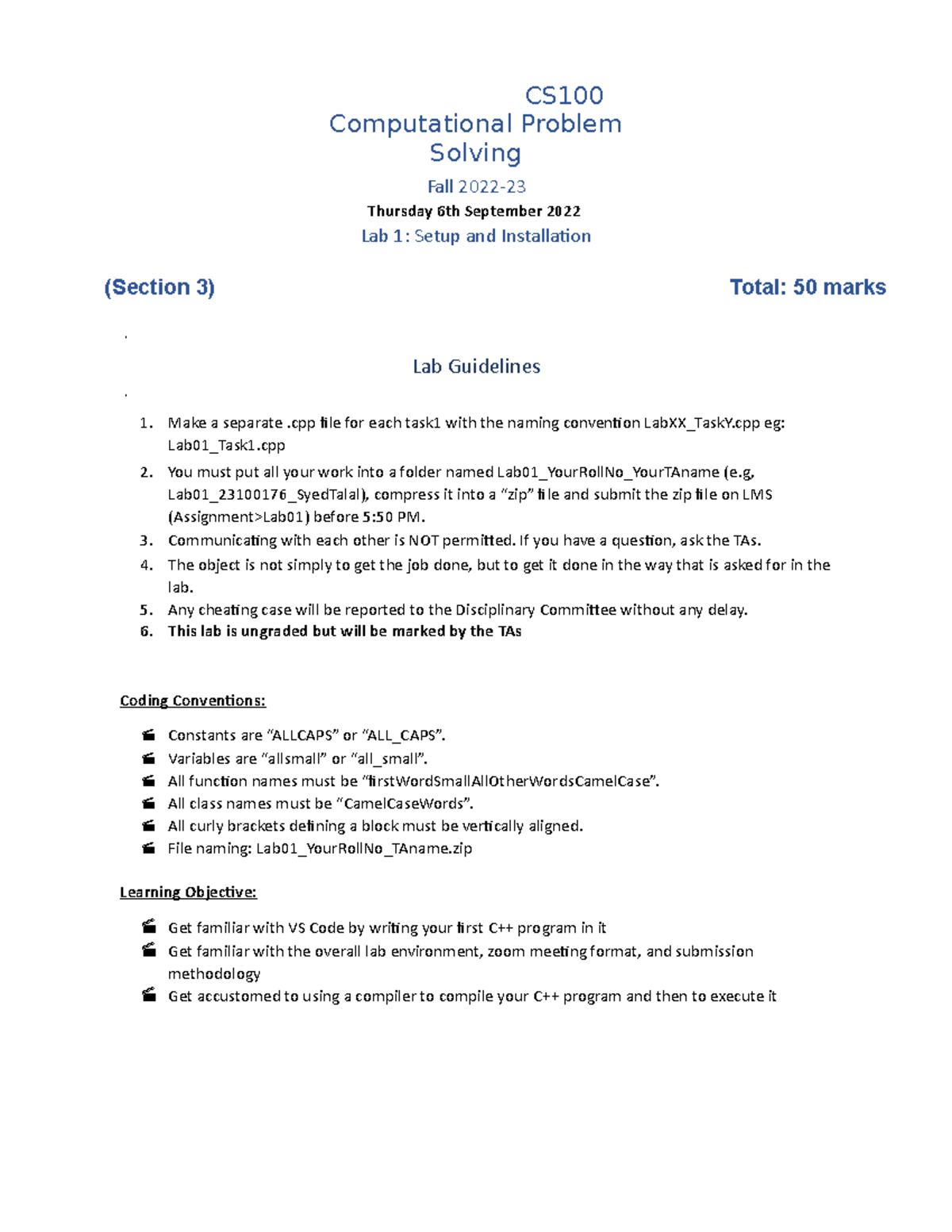 Lab1 - ascjnlzc - CS Computational Problem Solving Fall 2022- Thursday 6th September 2022 Lab 1 ...