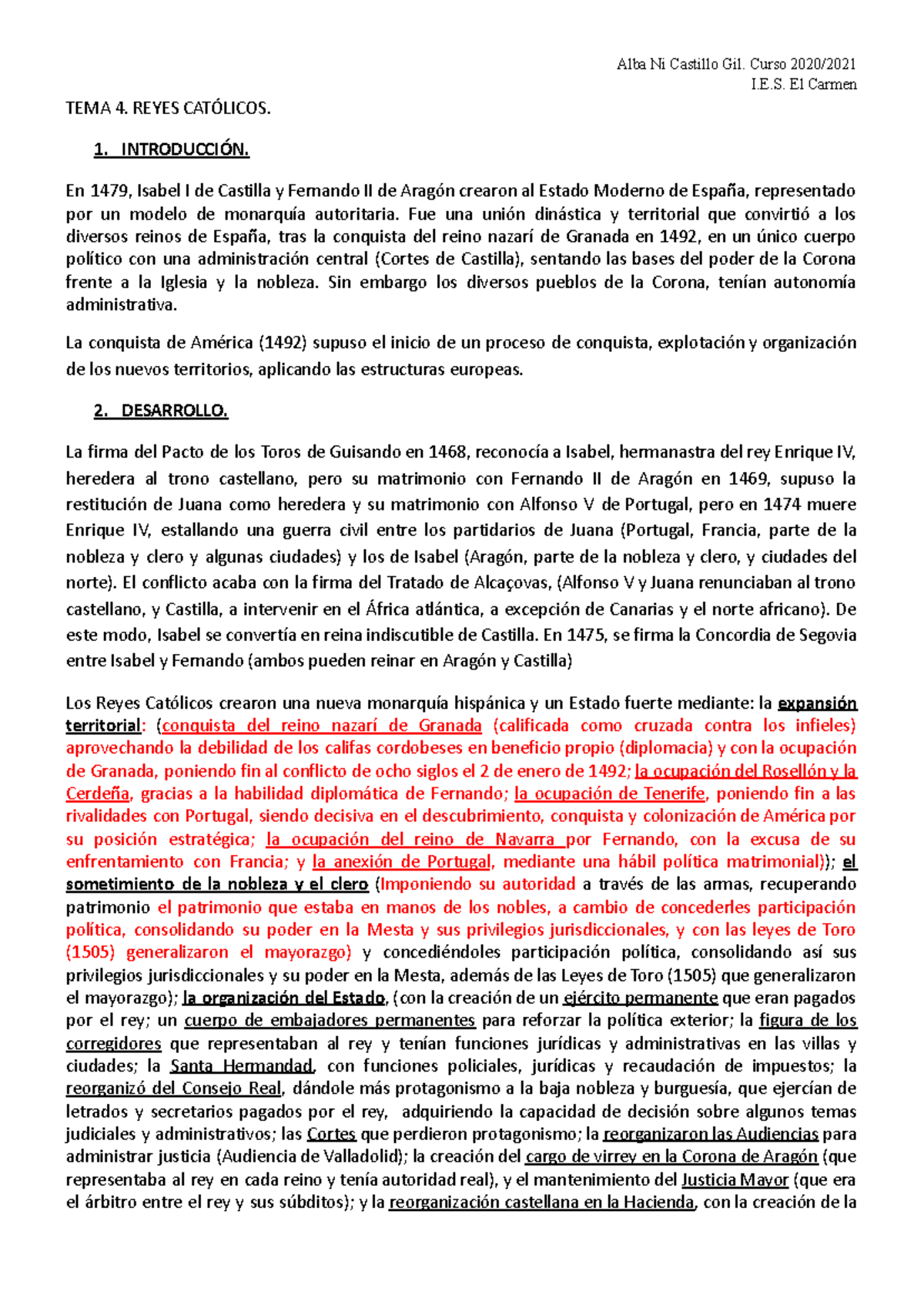 Tema 4 - Reyes Católicos Resumen - Alba Ni Castillo Gil. Curso 2020/ I.E. El Carmen TEMA 4 ...