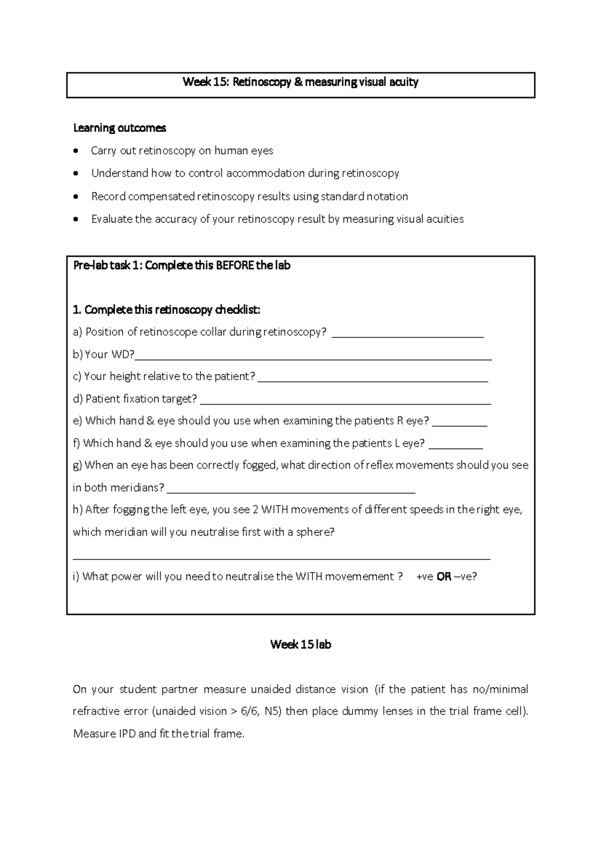 Week 15 lab task sheet Reference copy - Week 15: Retinoscopy ...