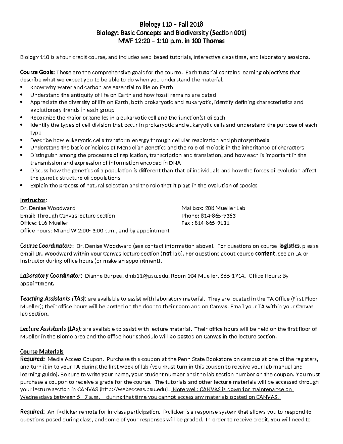 BIOL 110 Syllabus F2018 - Biology 110 – Fall 2018 Biology: Basic ...