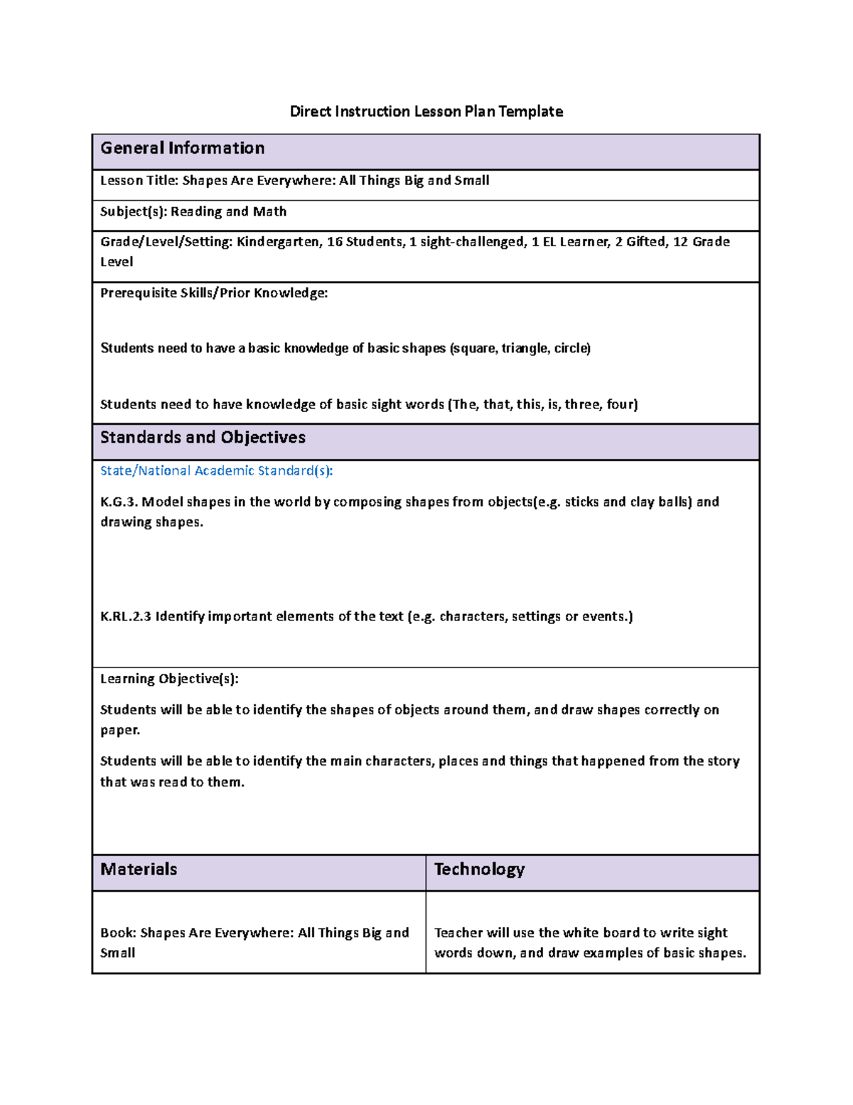 Reading lesson plan - Task 1 - Direct Instruction Lesson Plan Template ...