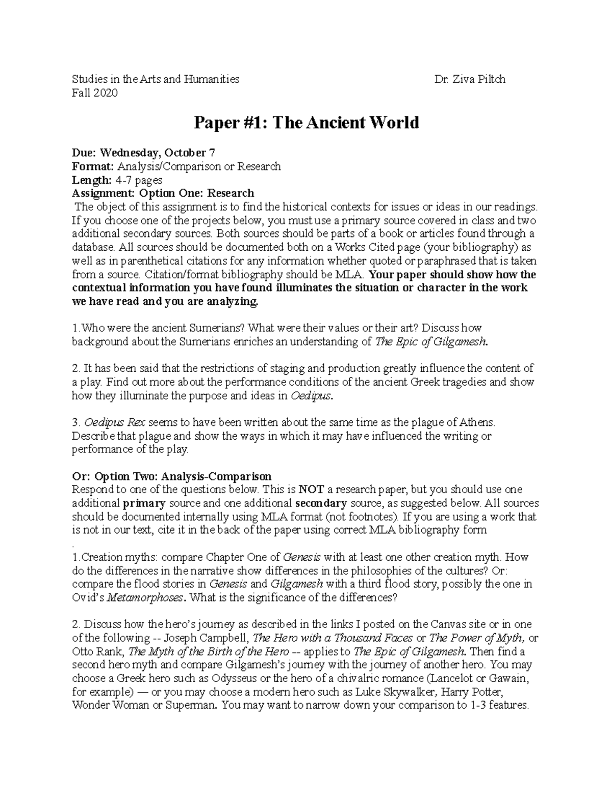 Studies in the Arts and Humanities Paper#1 Fall 2020 - Studies in the ...