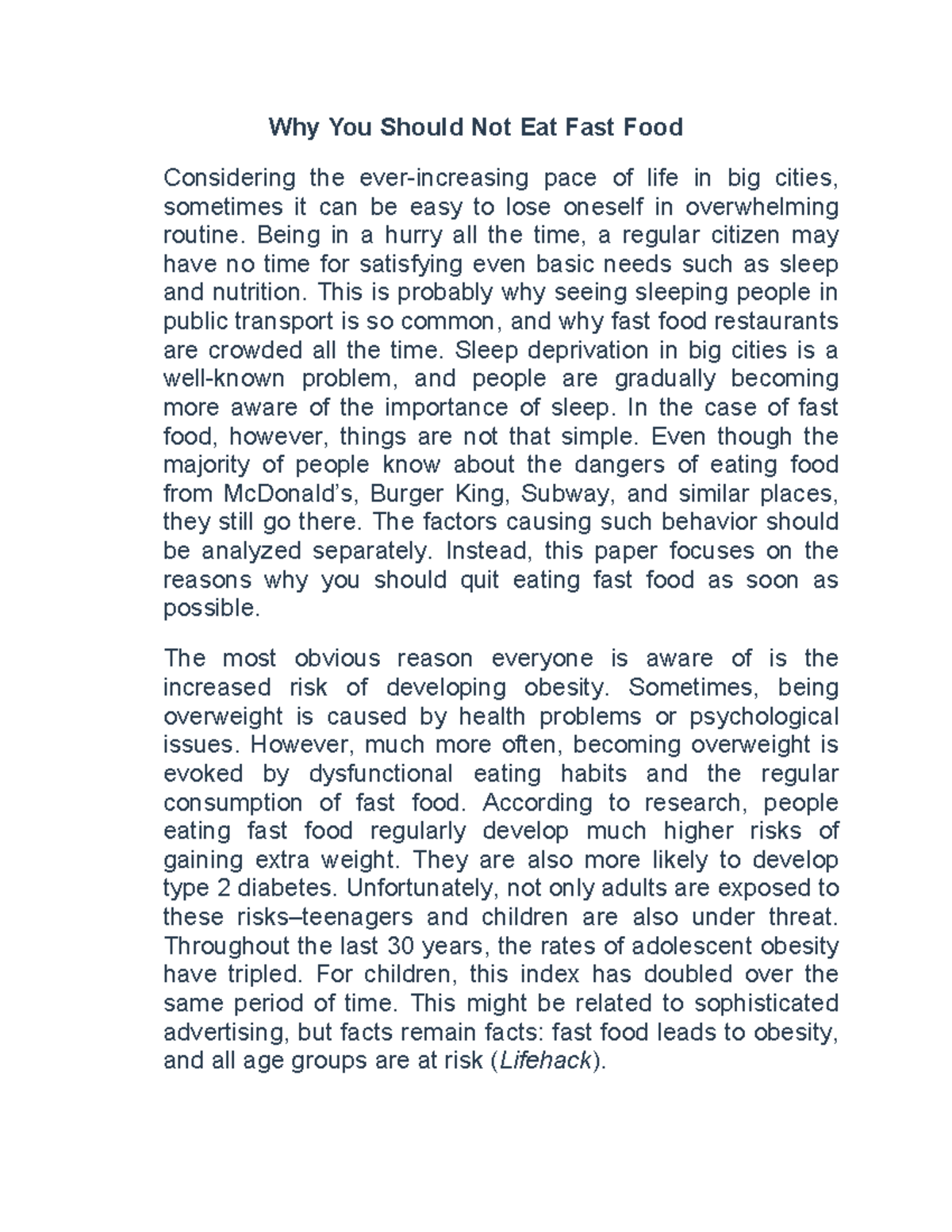 Persuasive essay example 48 - Why You Should Not Eat Fast Food ...