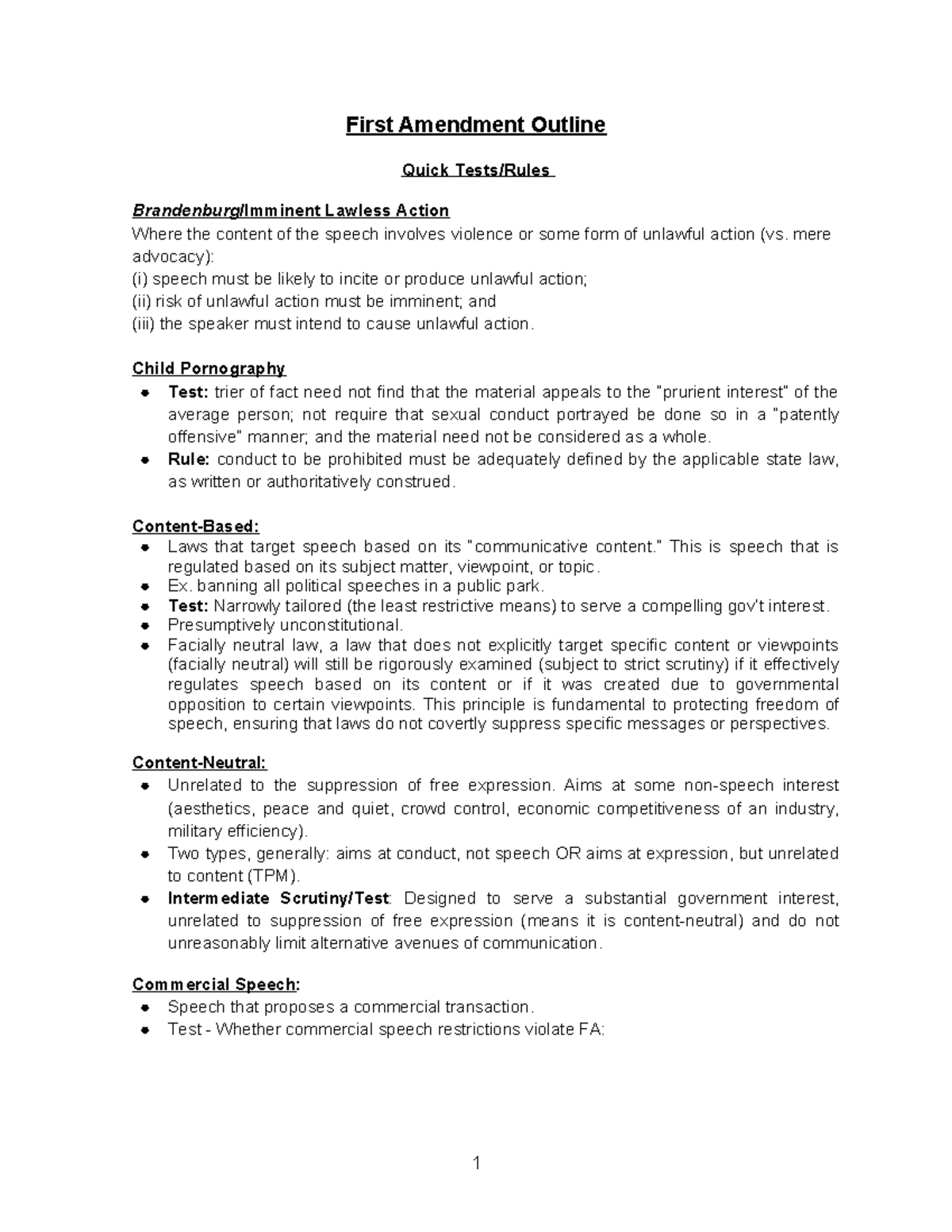First Amendment FALL 2023 Final Outline - First Amendment Outline Quick ...