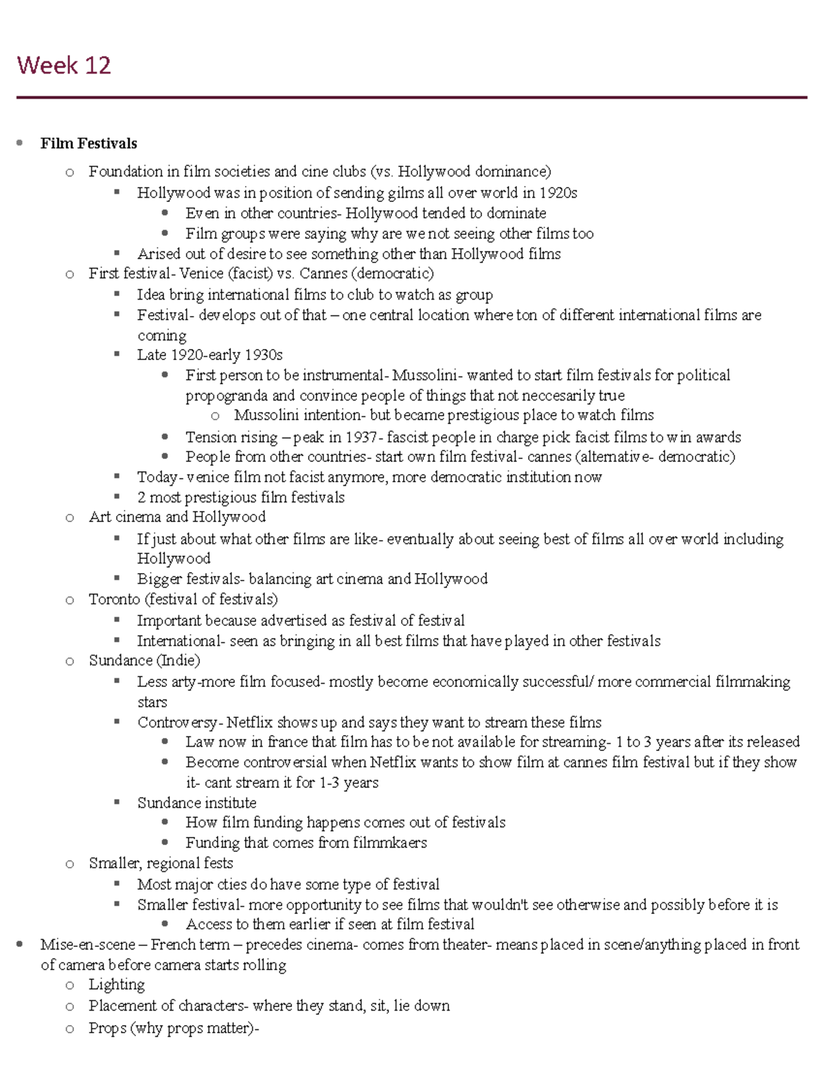 Week 12 - Lecture notes 12 - Week 12 Film Festivals o Foundation in ...