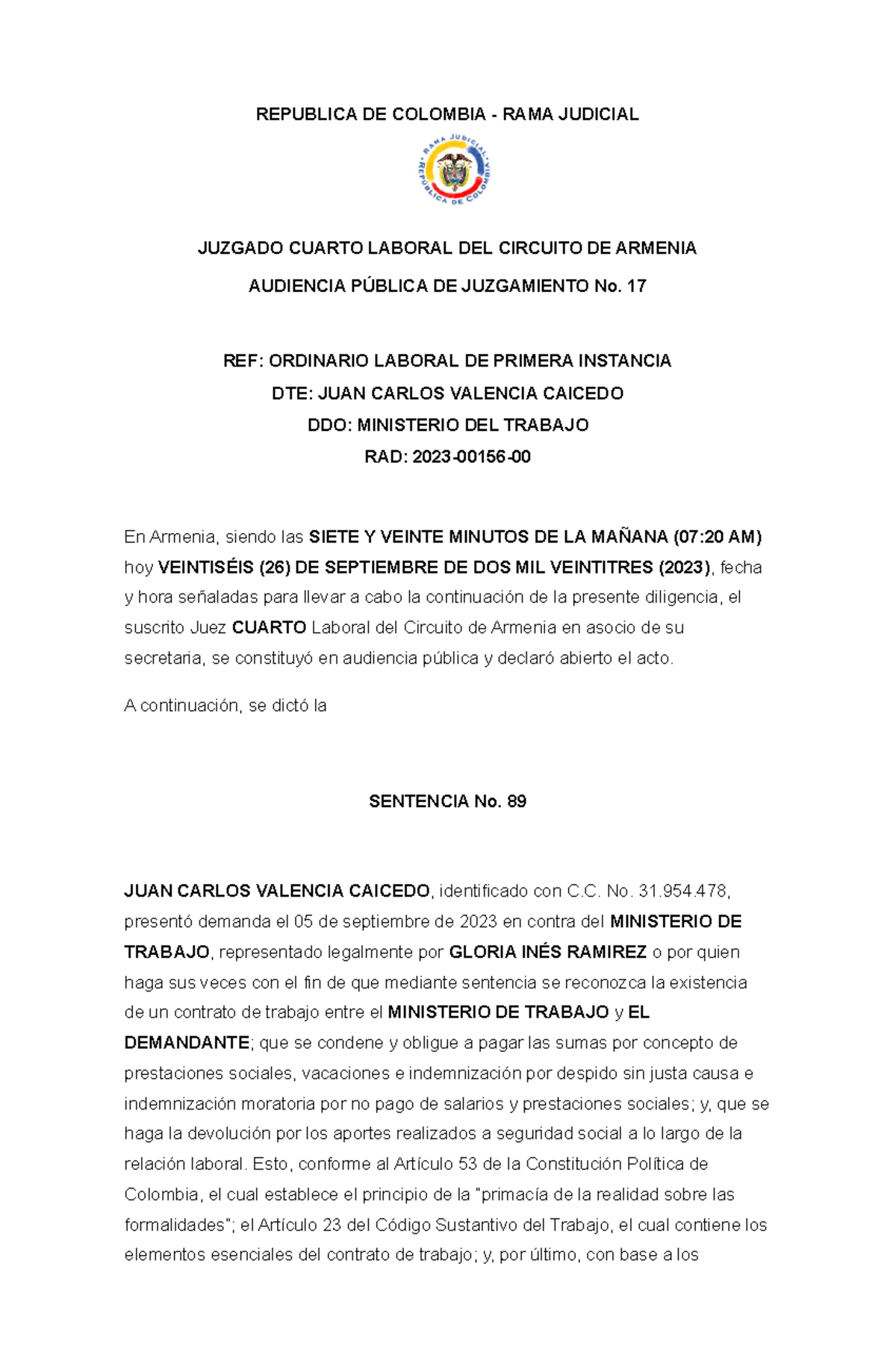 Sentencia Procesal Laboral - REPUBLICA DE COLOMBIA - RAMA JUDICIAL ...