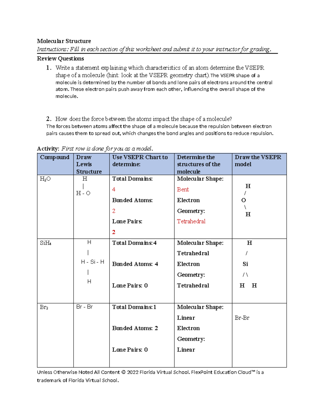 3 5 Molecular Structure Worksheet Molecular Structure Instructions