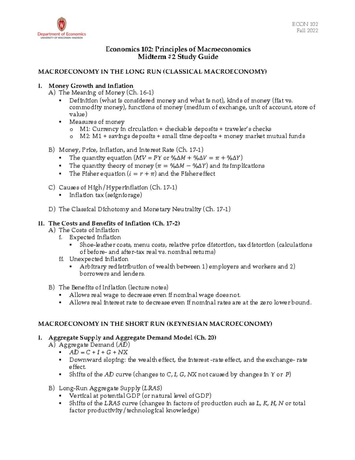 Econ102 F22 Midterm 2 Study Guide - ECON 102 Fall 2022 Economics 102 ...