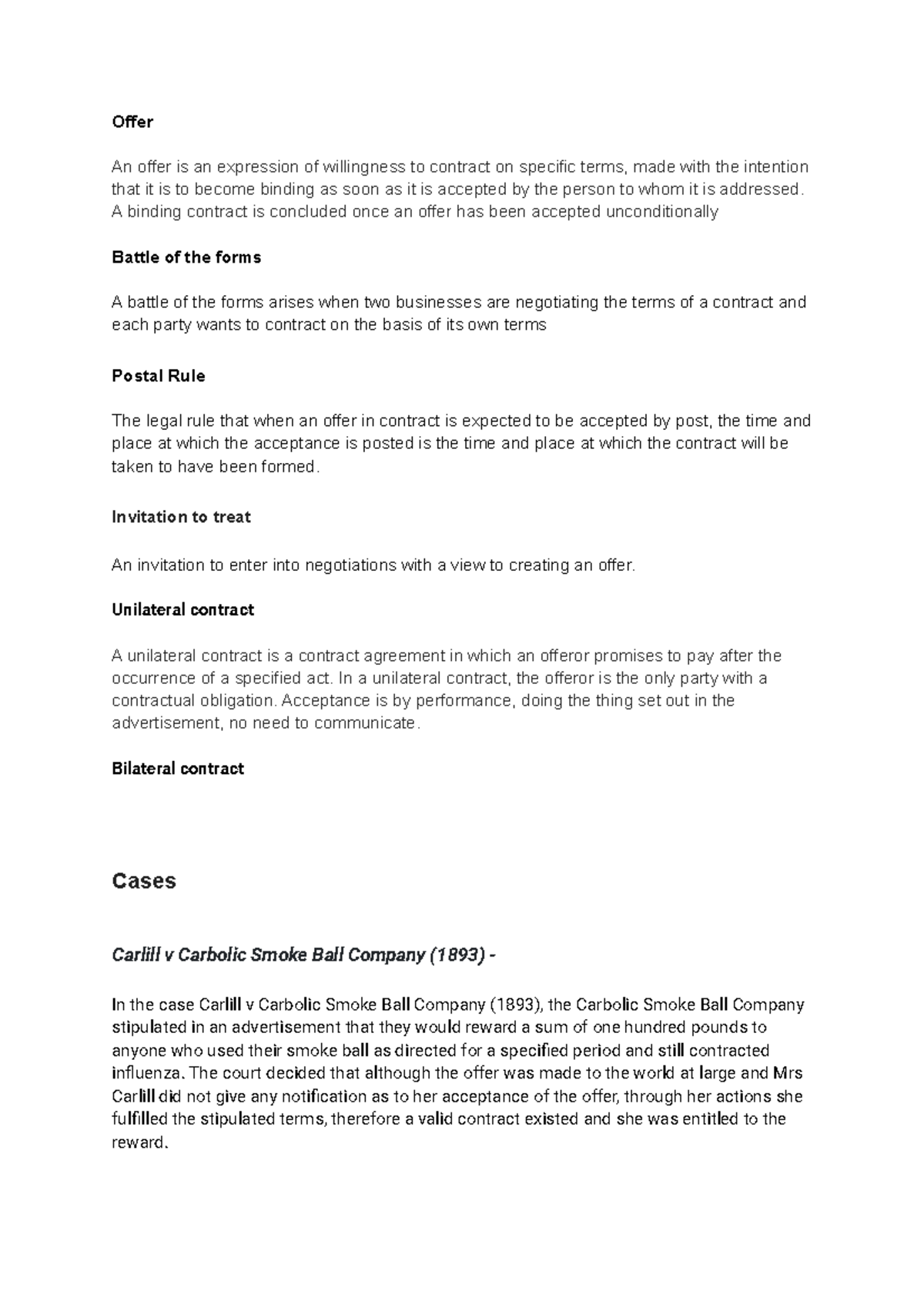 Contract Law Key Terms Cases - Offer An offer is an expression of ...