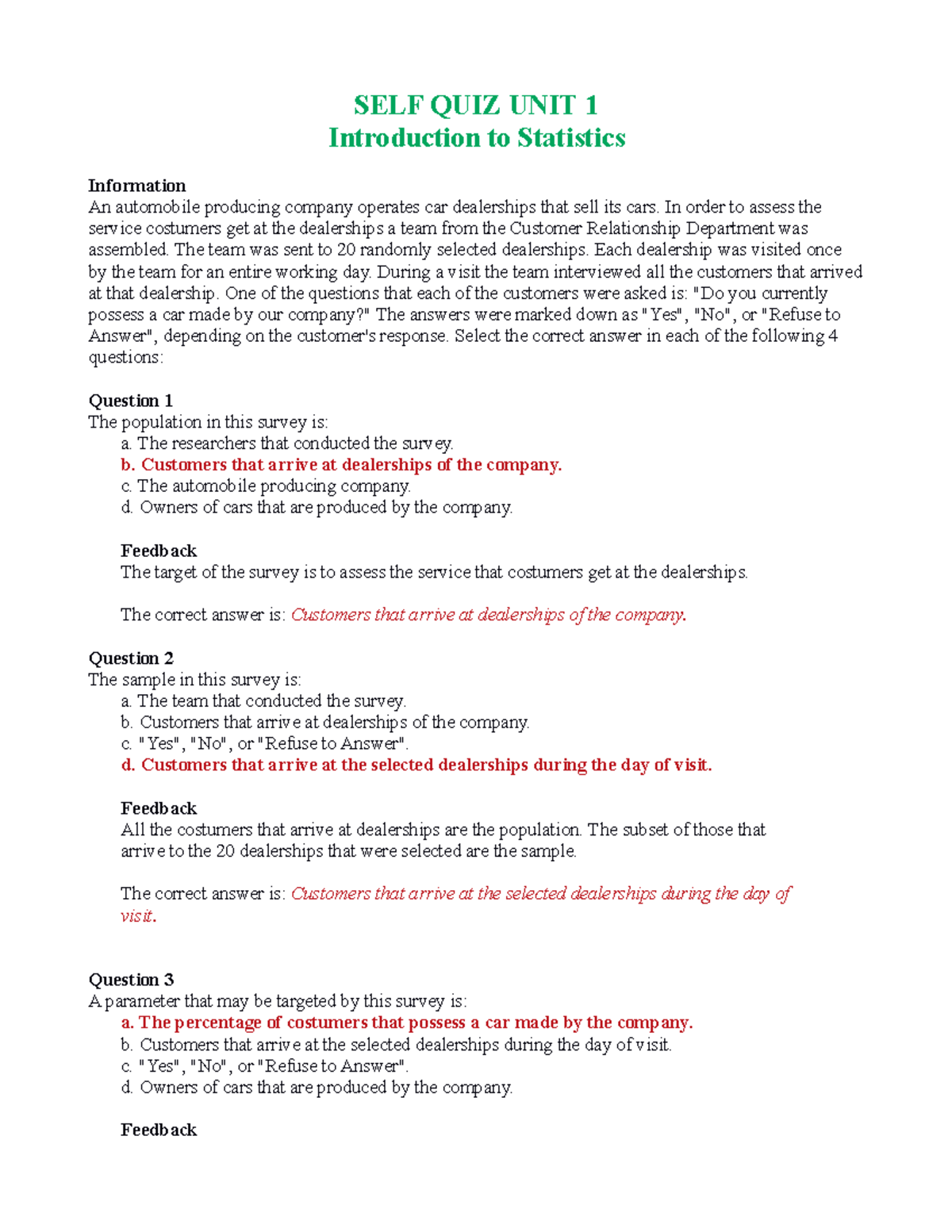 Self Quiz Unit 1 Selection Of My Best Coursework Self Quiz Unit 1 Introduction To Statistics