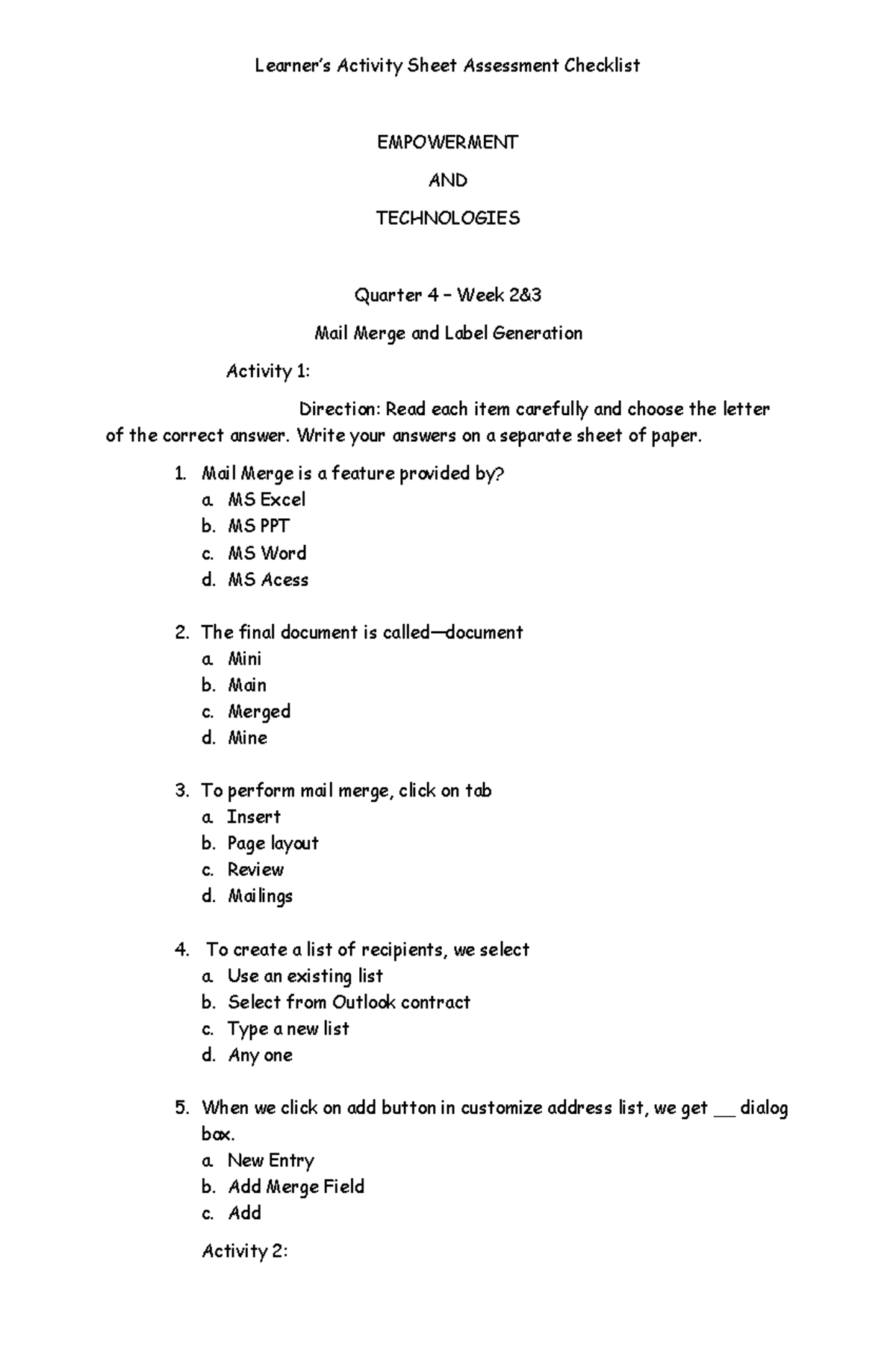 Empowerment Technologies - Learner’s Activity Sheet Assessment ...