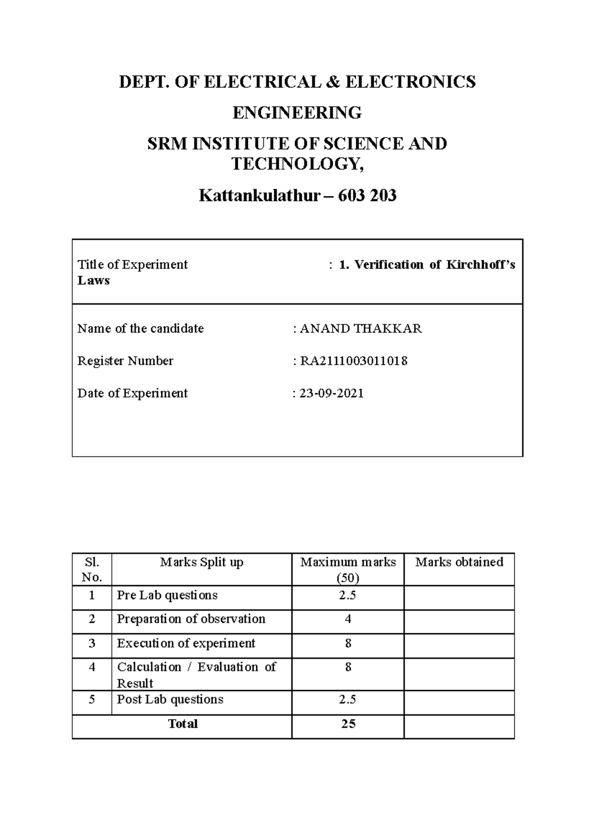 BEEE 1 assignment experiment - DEPT. OF ELECTRICAL & ELECTRONICS ...