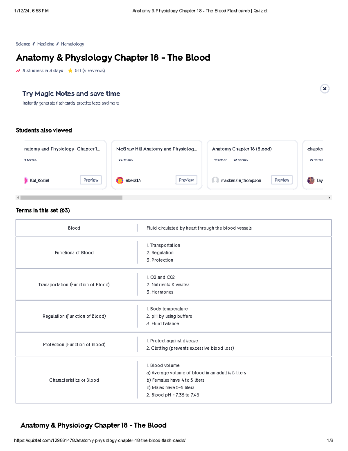 Anatomy & Physiology Chapter 18 - The Blood Flashcards Quizlet ...