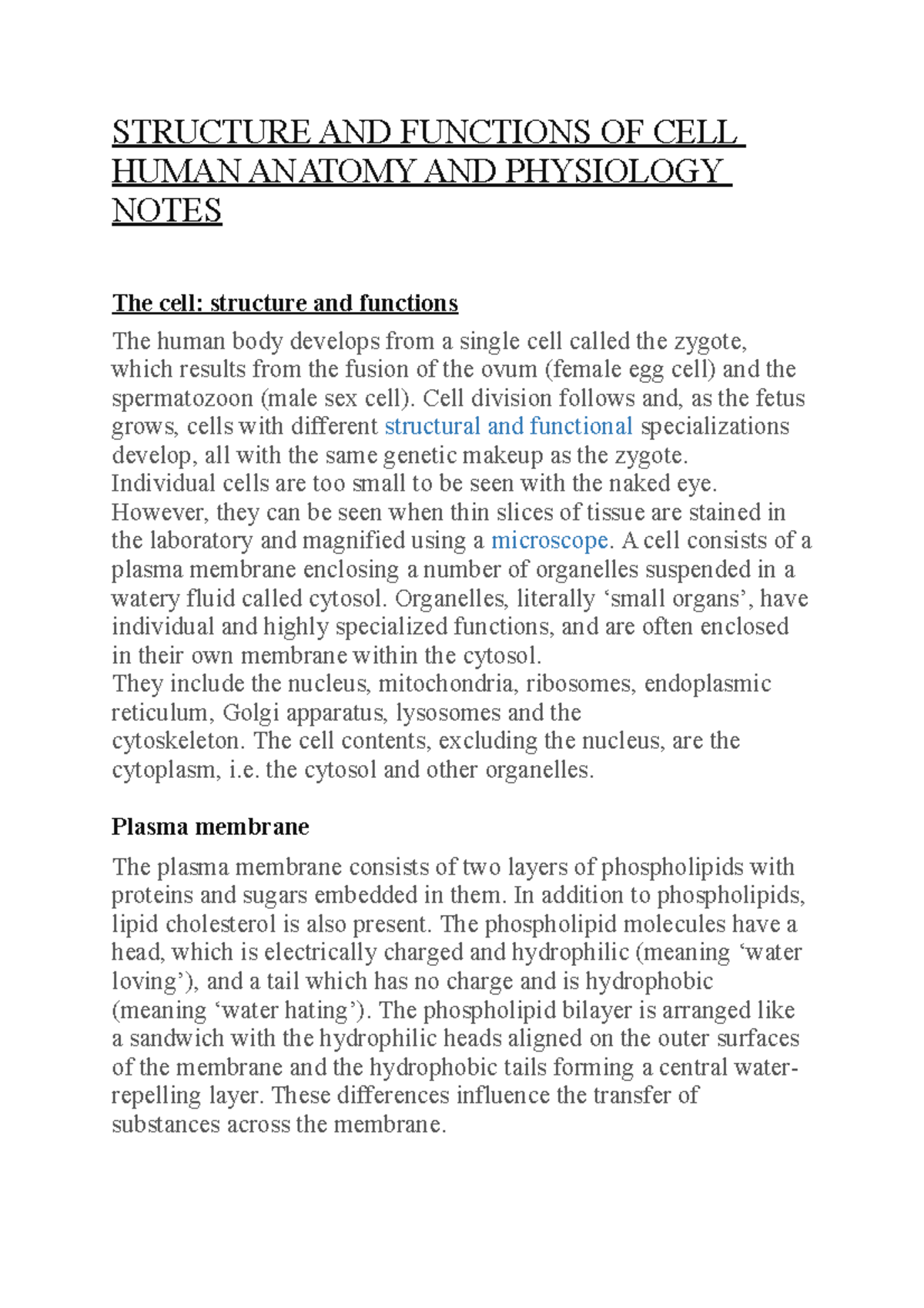 Structure AND Functions OF CELL Human Anatomy AND Physiology Notes ...