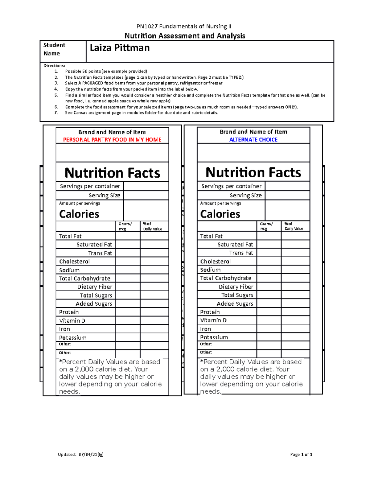 Nutritional Assessment (Template) - PN1027 Fundamentals of Nursing II ...