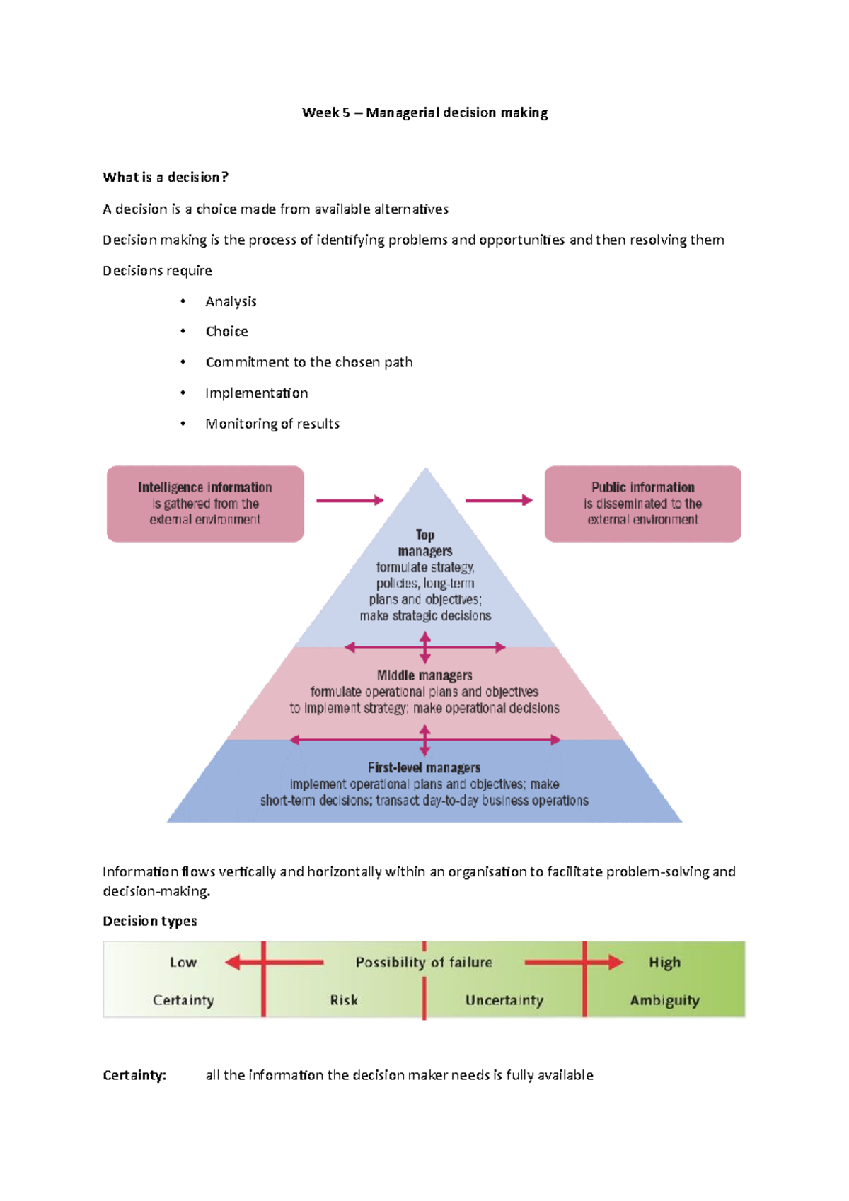 Week 5 - notes - Week 5 – Managerial decision making What is a decision ...