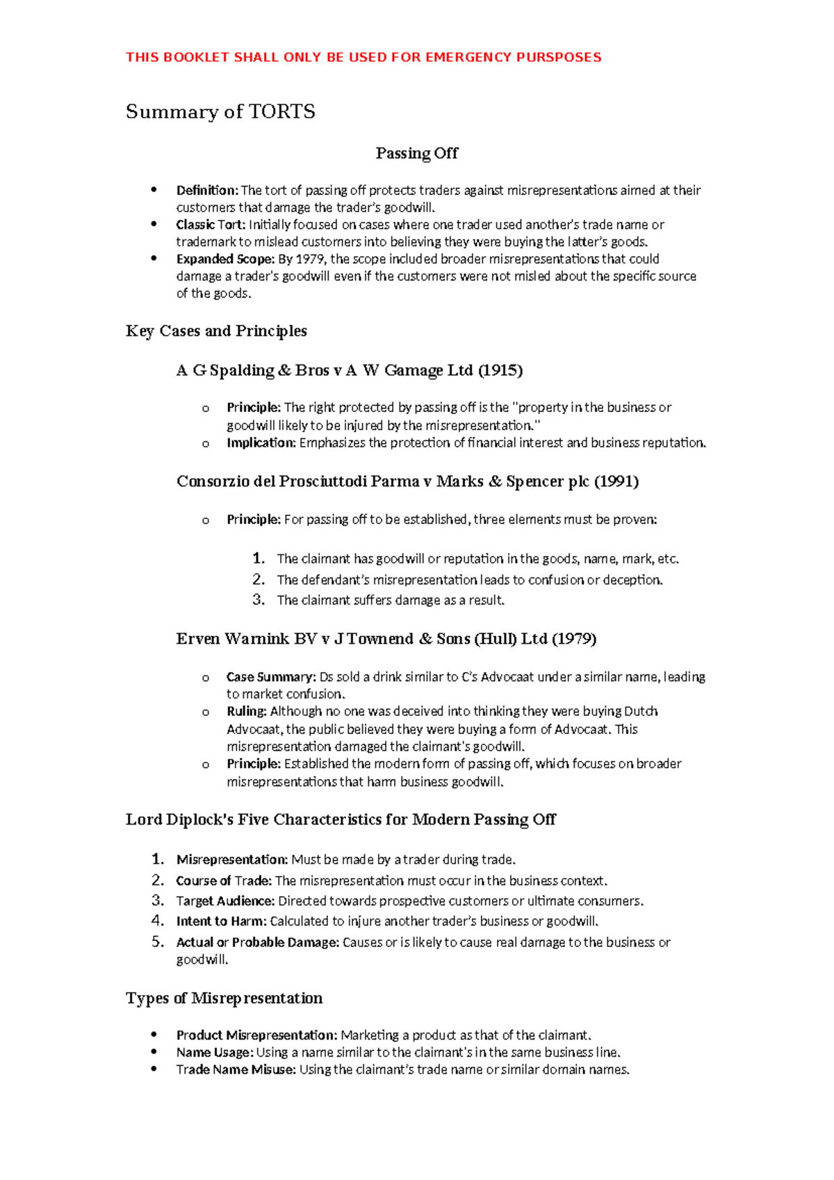 Summary OF TORT - law of tort - Summary of TORTS Passing Off Definition ...