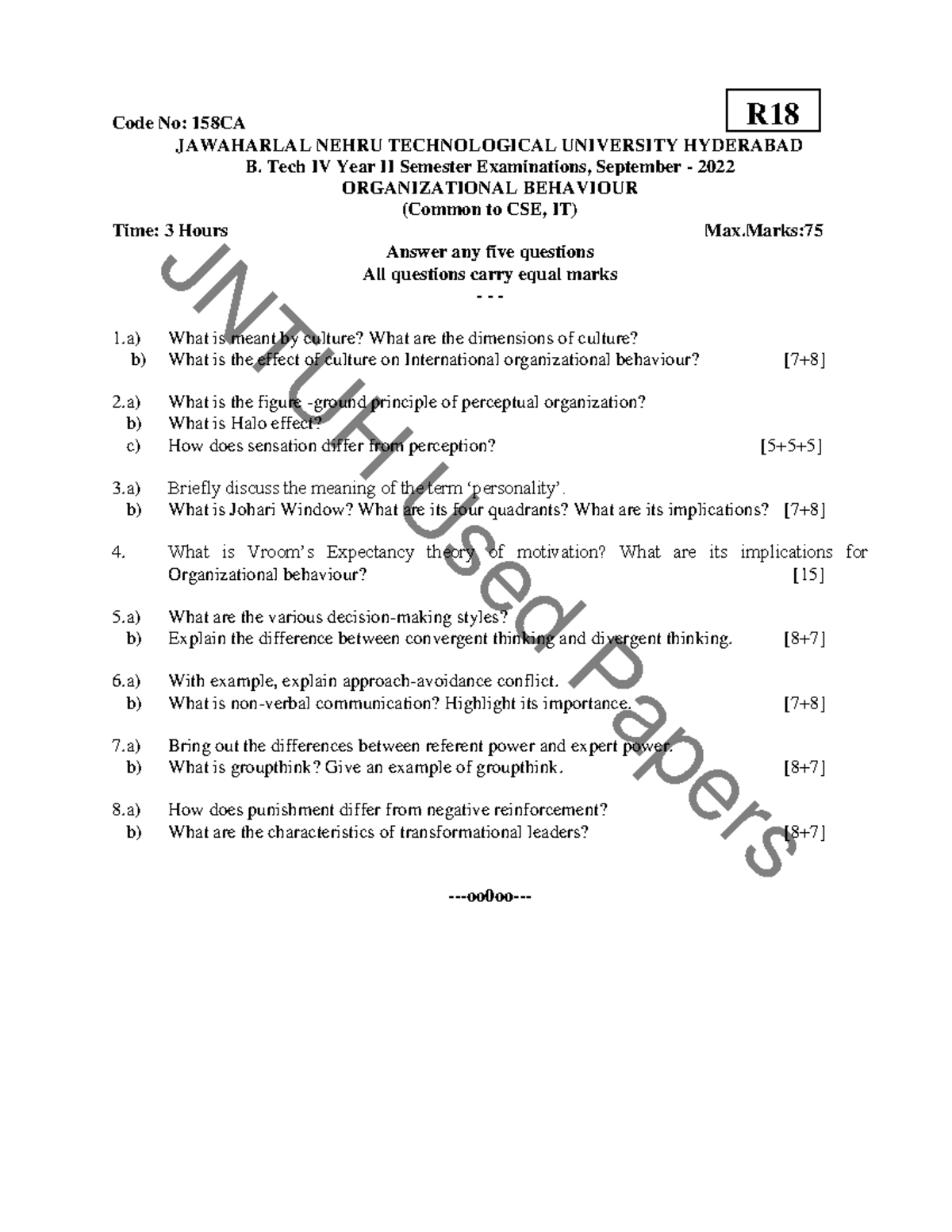 Organizational behaviour previous year question papers - Code No: 158CA ...