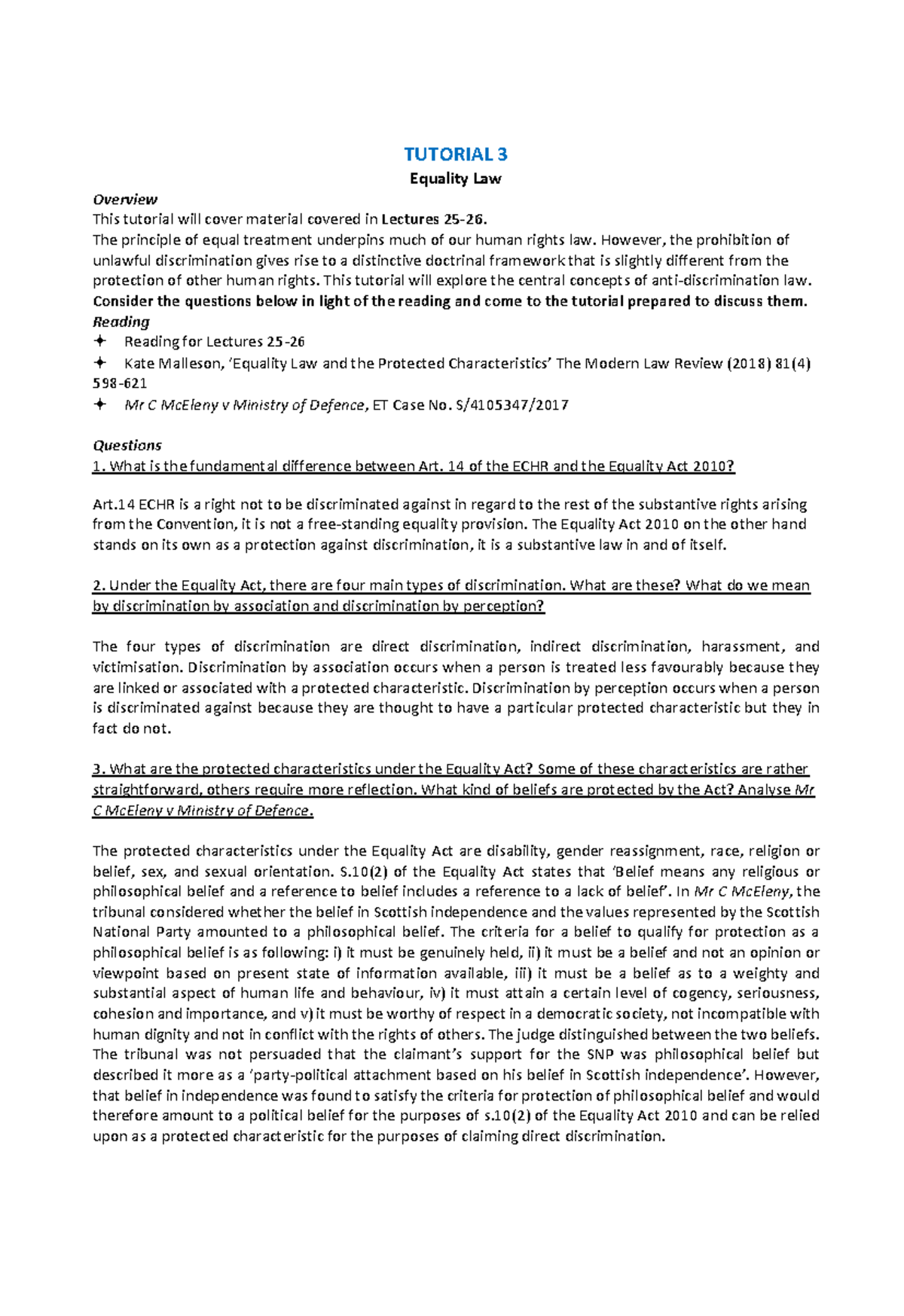 Tutorial 3 - Equality Law - TUTORIAL 3 Equality Law Overview This ...