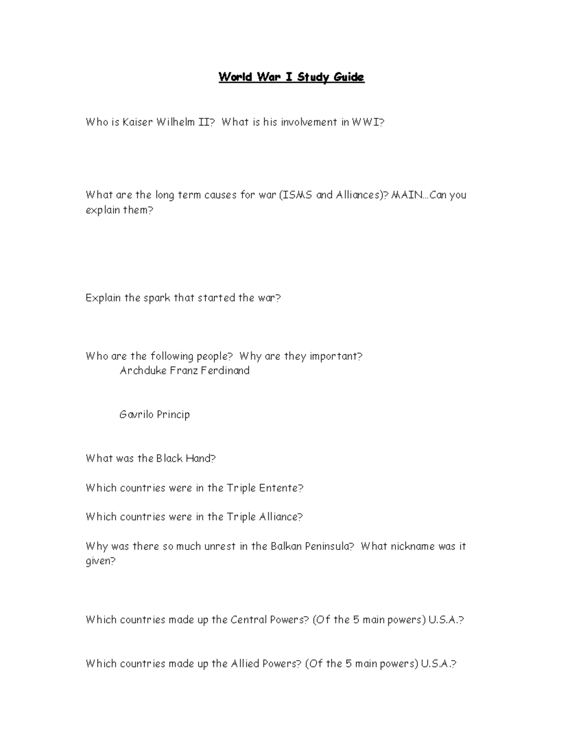WWI study guide - hello - World War I Study Guide Who is Kaiser Wilhelm ...