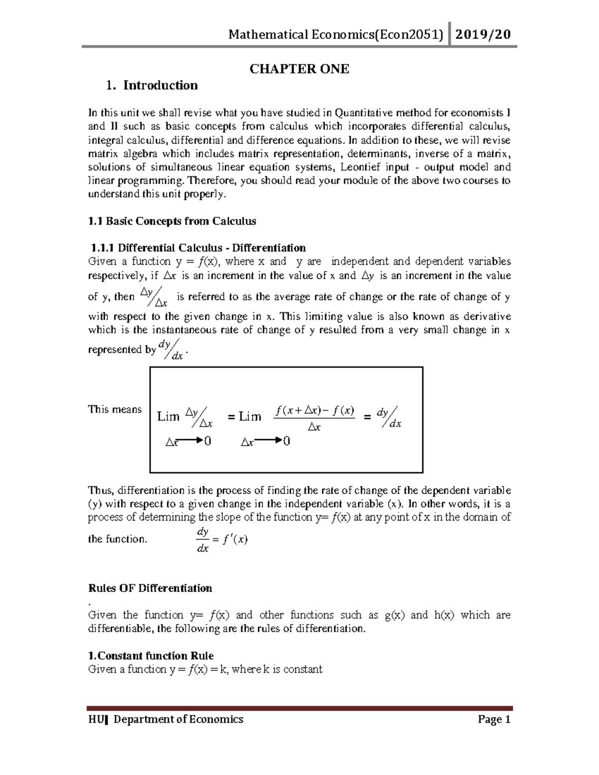 Mathematical economics - CHAPTER ONE 1. Introduction In this unit we ...