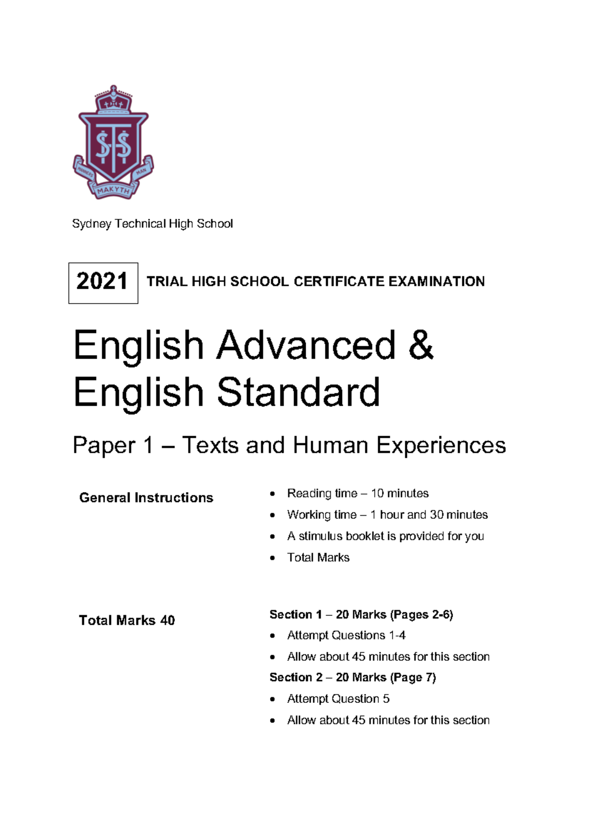 Sydney tech paper 1 booklet - Sydney Technical High School TRIAL HIGH ...