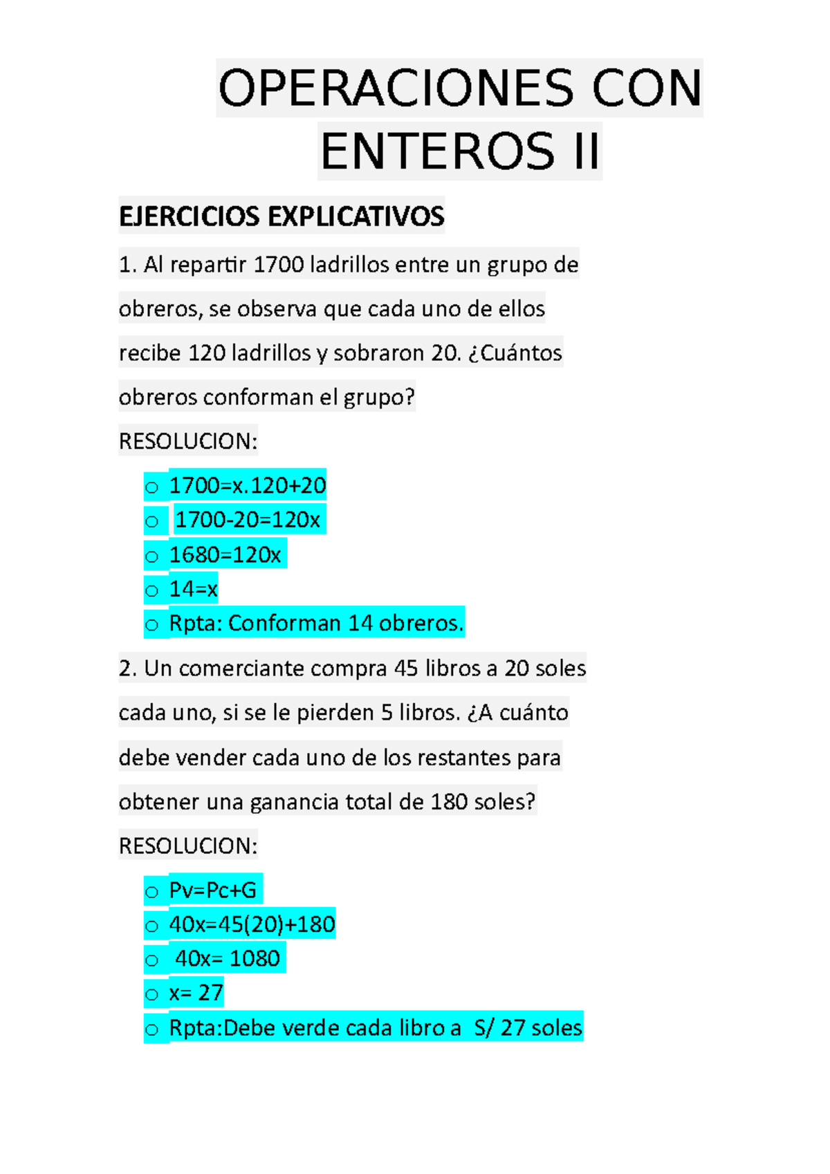 Operaciones CON Enteros II - OPERACIONES CON ENTEROS II EJERCICIOS ...